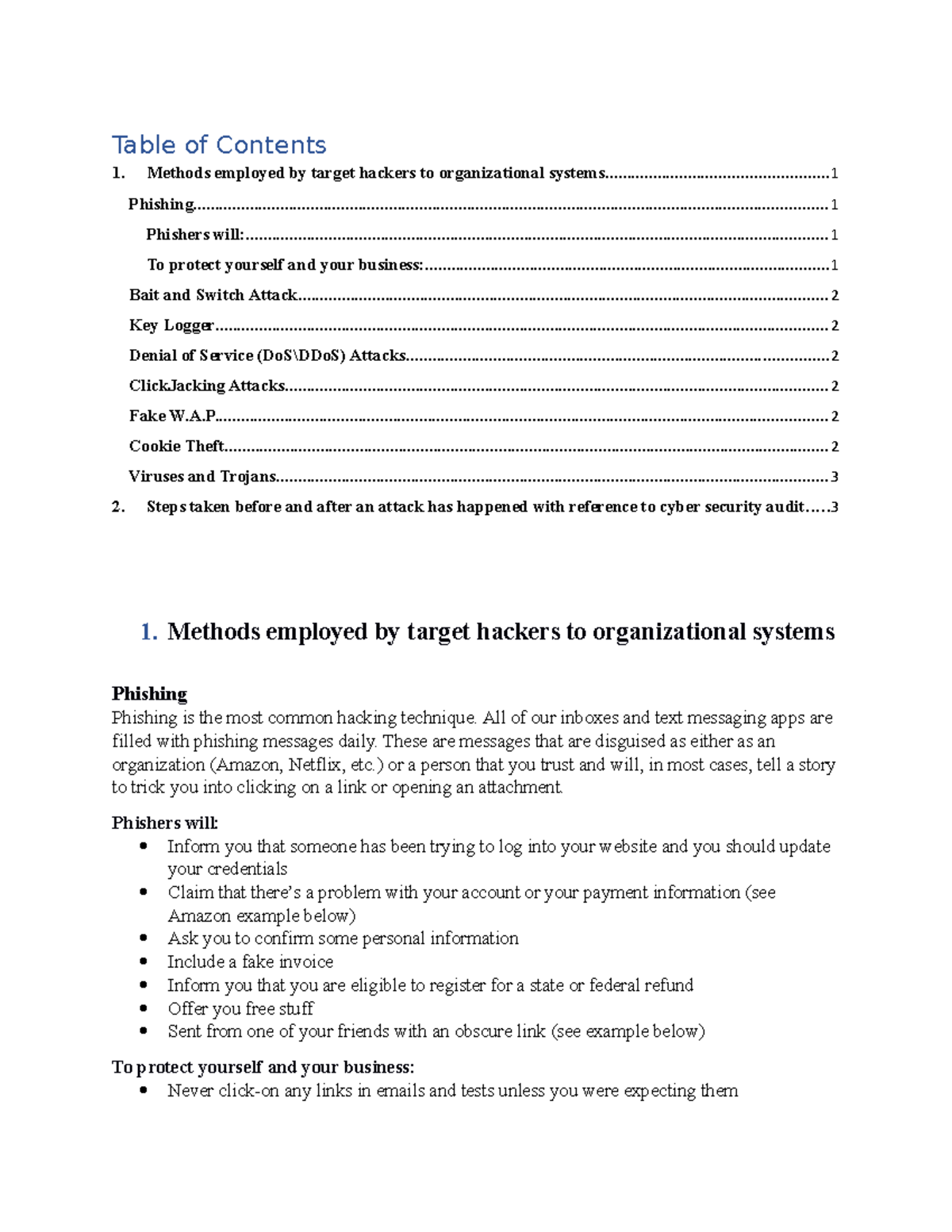 System security and audit - Table of Contents 1. Methods employed by ...