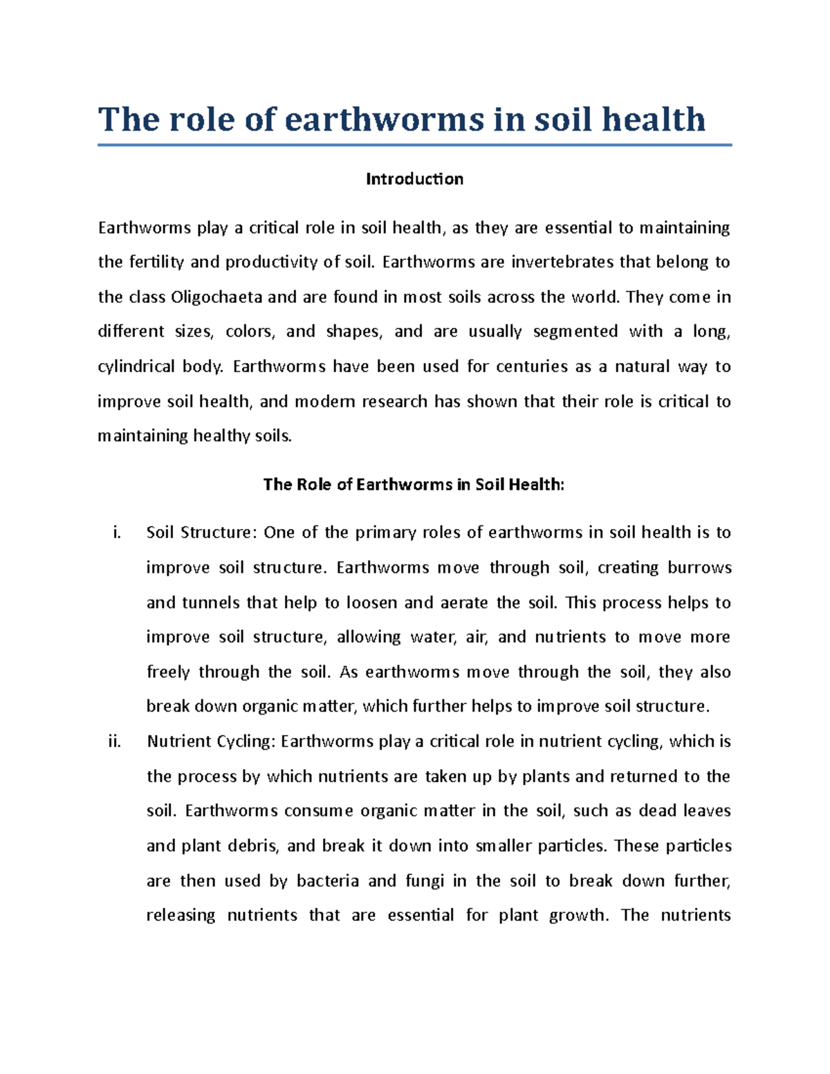 The role of earthworms in soil health - The role of earthworms in soil ...