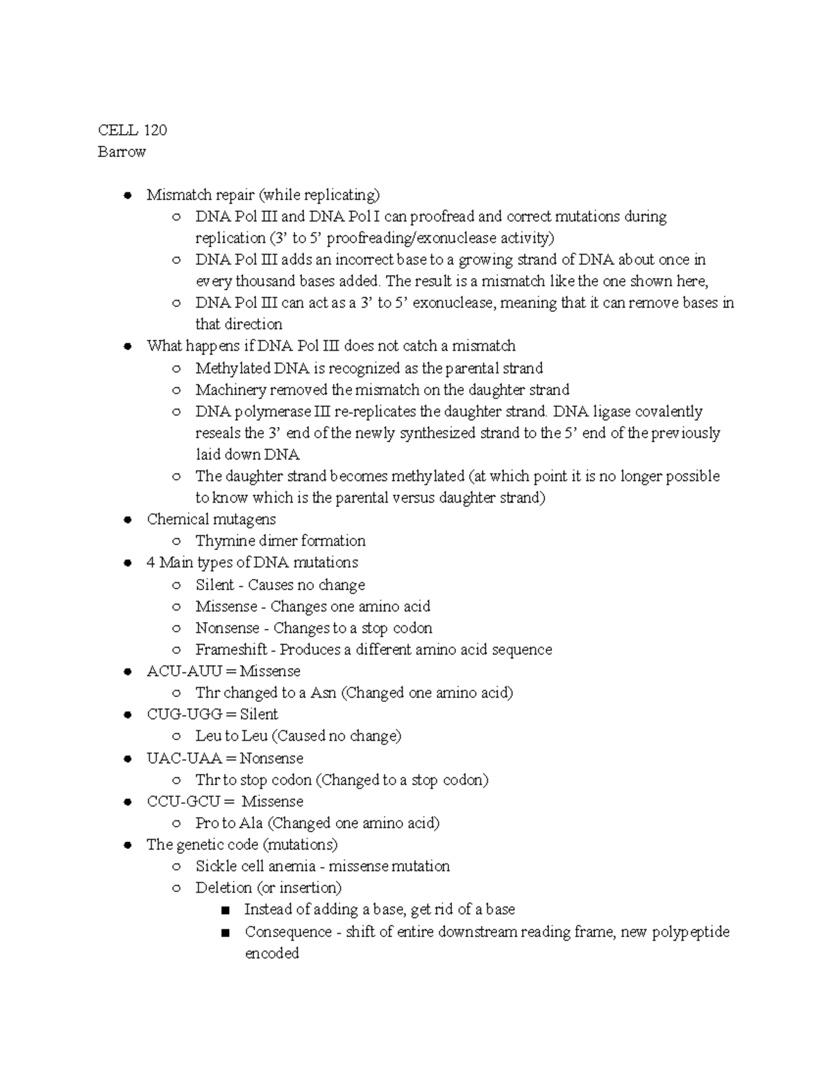 CELL 120 - Barrow Class notes - 2/21 - CELL 120 Barrow Mismatch repair ...