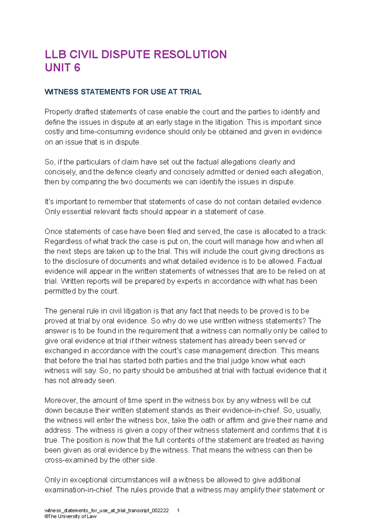 Witness statements for use at trial transcript 002222 - LLB CIVIL ...