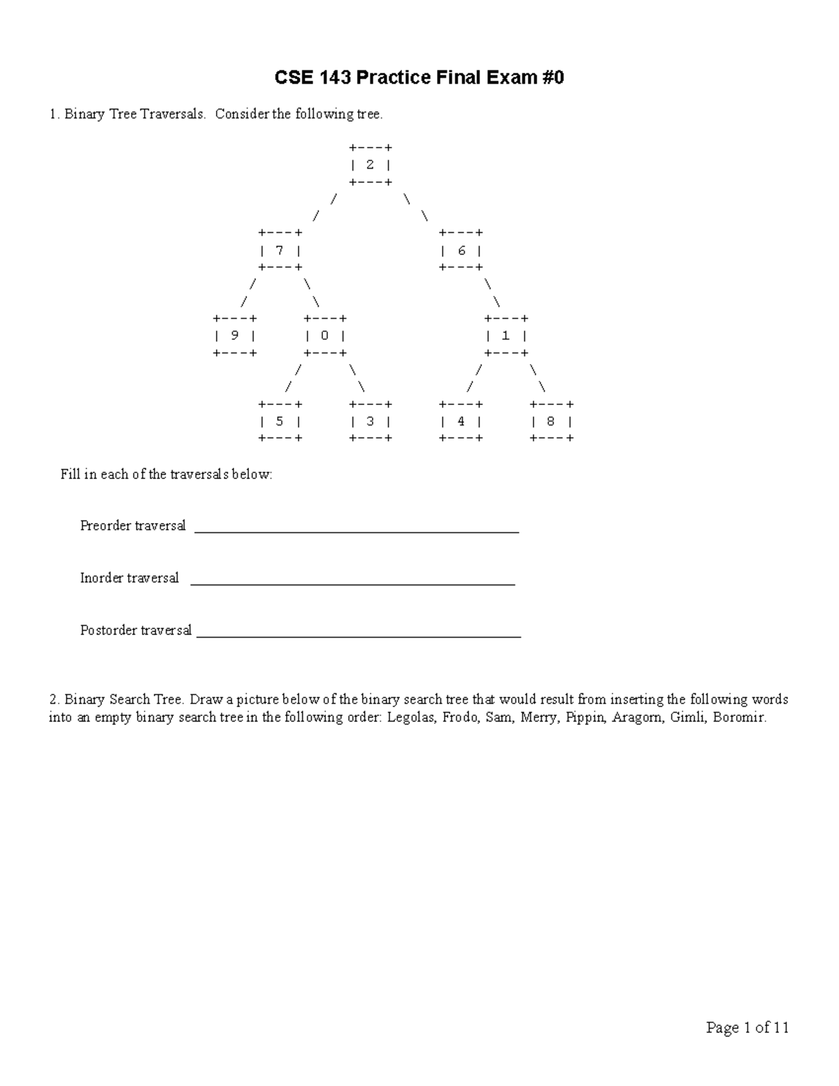Final Sample 0 Final Exam Cse 143 Practice Final Exam Binary Tree Traversals Consider The
