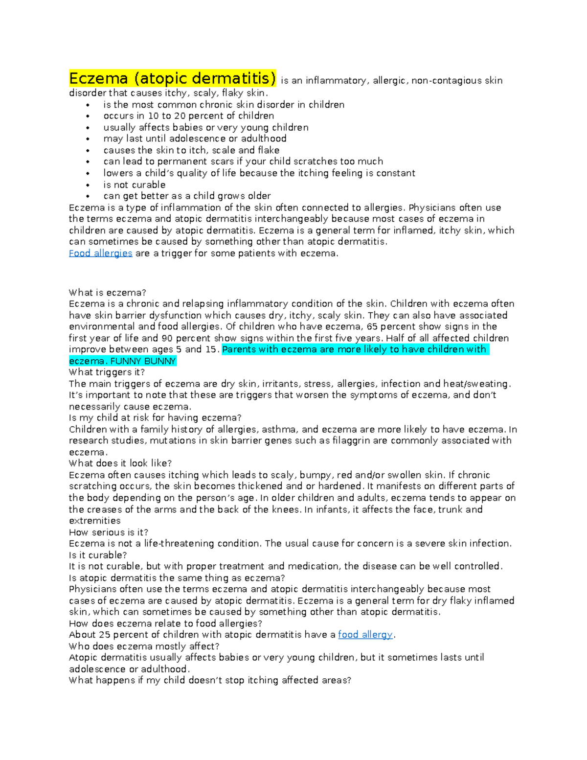 Skin disorders peds - Nursing - Eczema (atopic dermatitis) is an ...