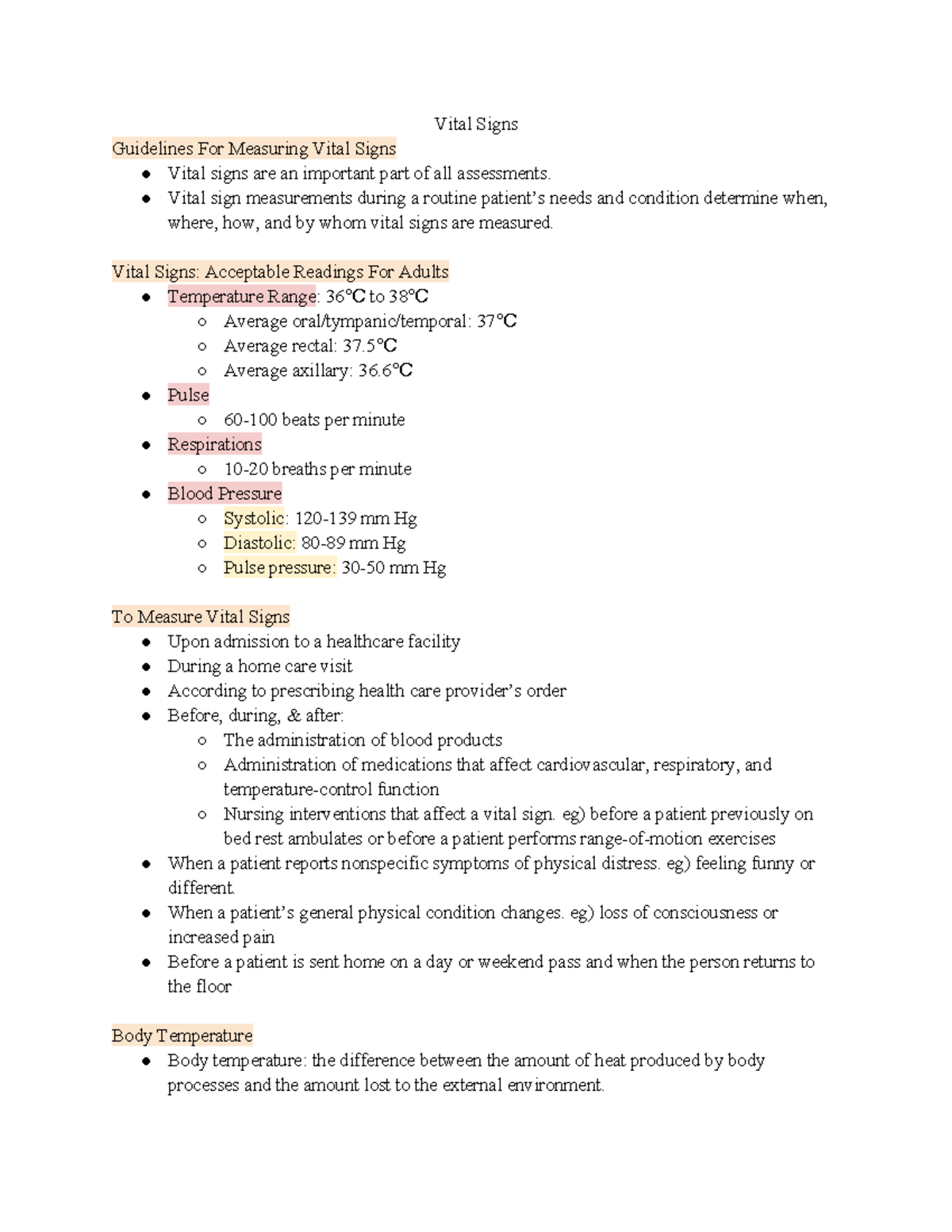 Week 8 (Vital Signs) - Summary Professional Nursing Practice I - Vital ...