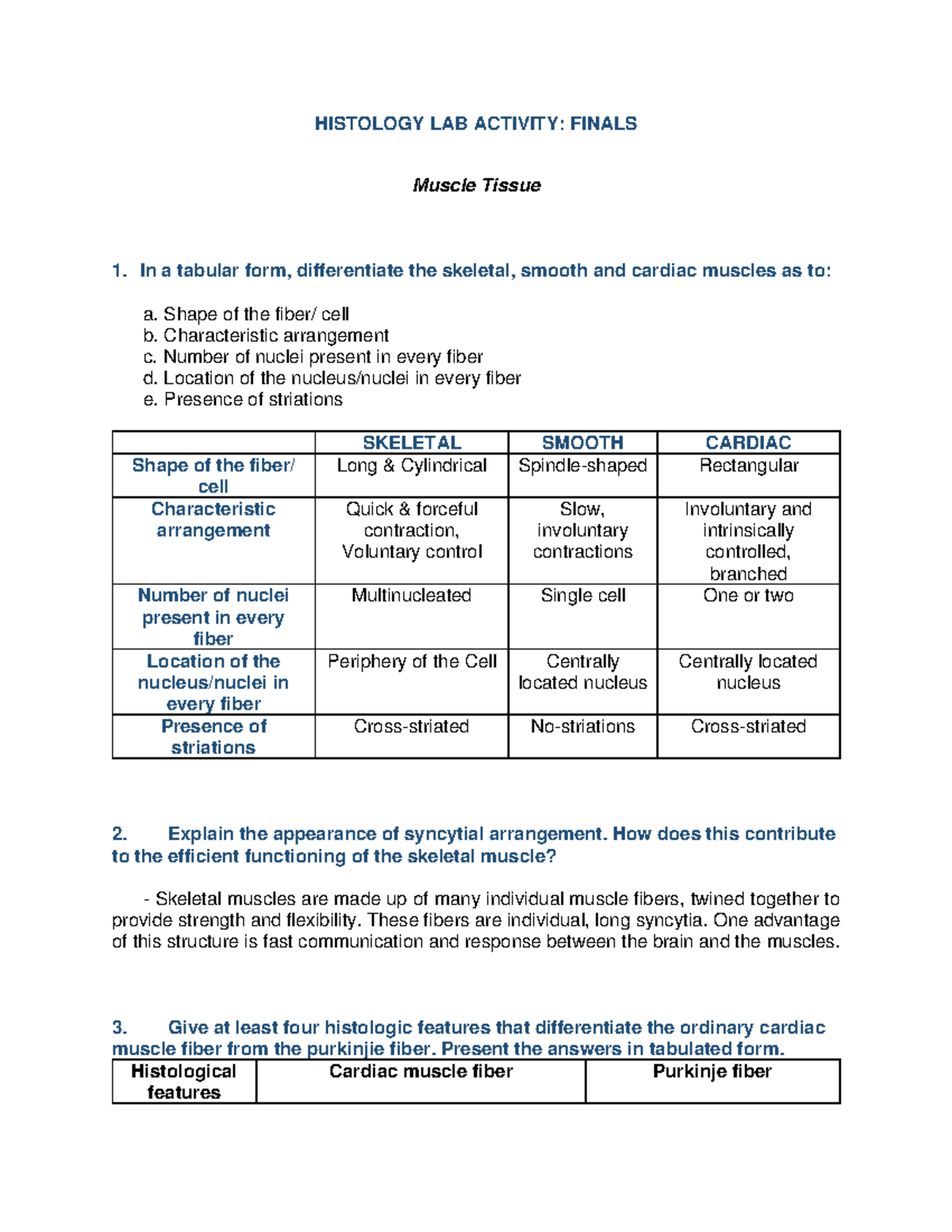 Histology Finals - HISTOLOGY LAB ACTIVITY: FINALS Muscle Tissue 1. In a ...