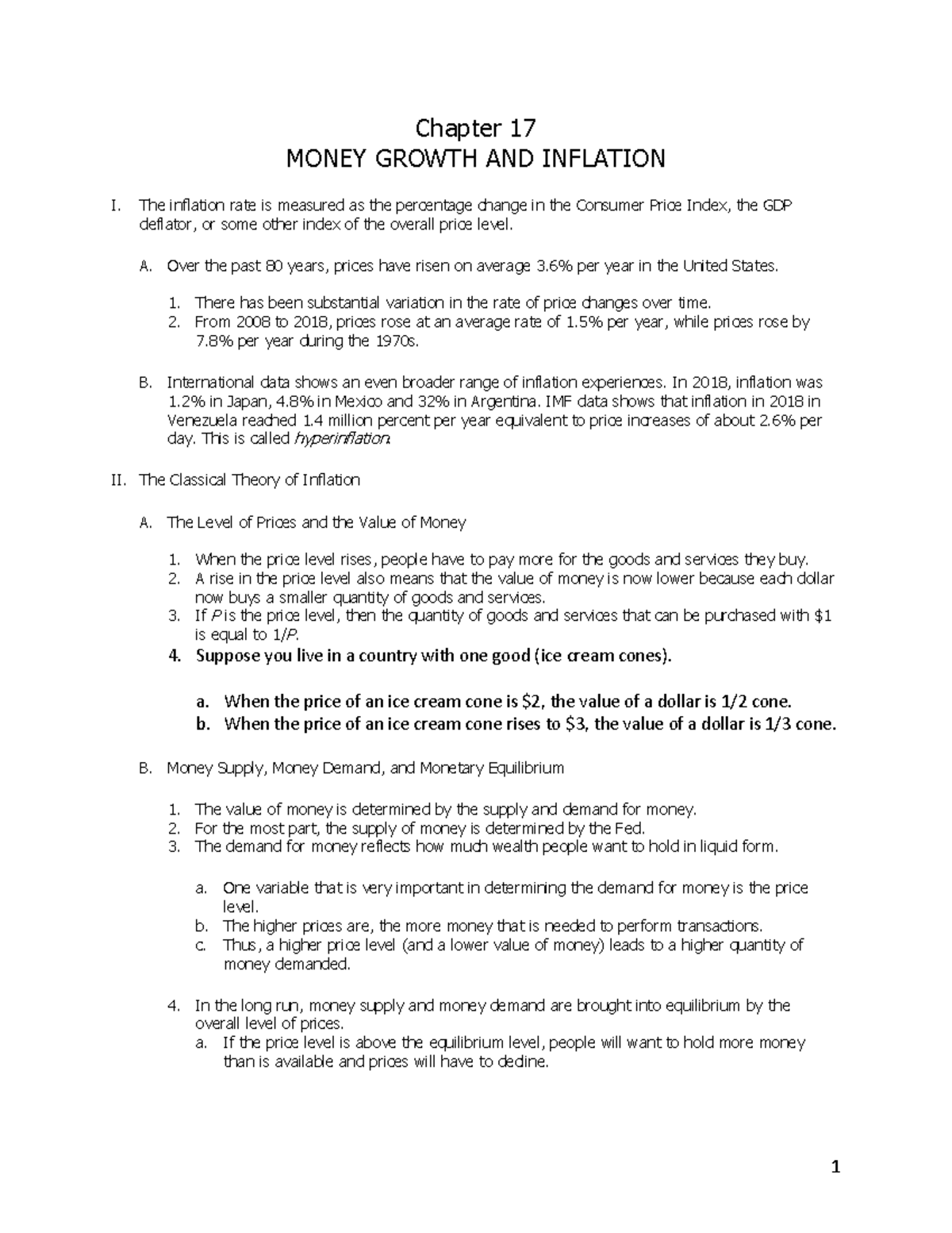 17 - LECTURE NOTES - Chapter 17 MONEY GROWTH AND INFLATION I. The ...