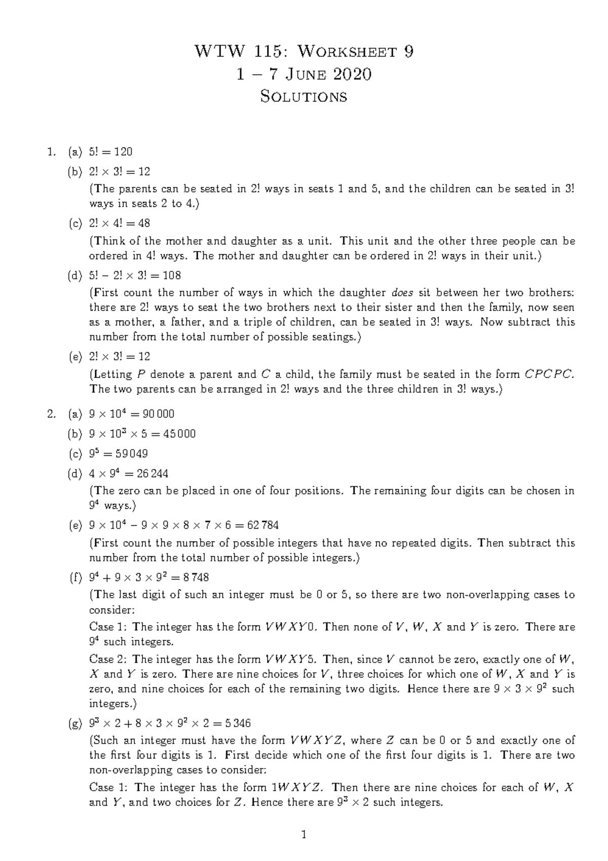 WTW 115 Worksheet 9 (2020) (Solutions) - WTW 115: Worksheet 9 1 – 7 ...