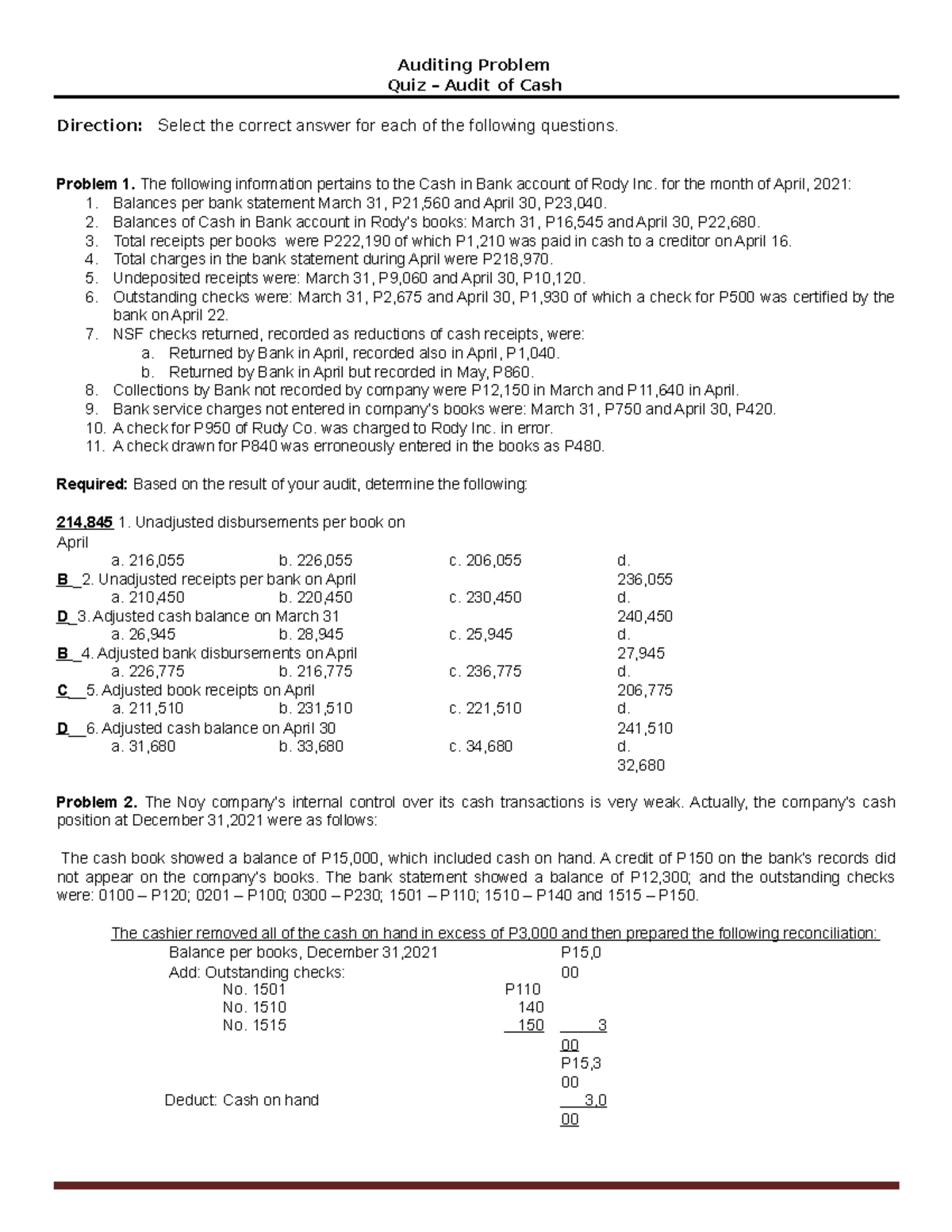 Quiz Audit of Cash - Auditing Problem Quiz – Audit of Cash Direction: Select the correct answer ...