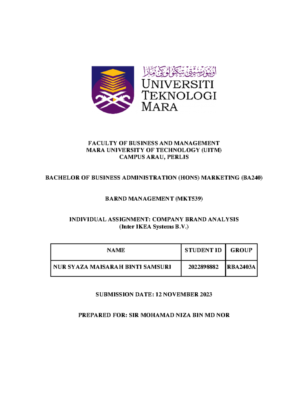 MKT539 Brand Analysis - FACULTY OF BUSINESS AND MANAGEMENT MARA ...