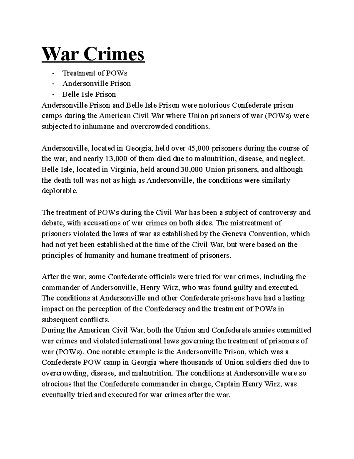 War Crimes - lecture notes Rachel Gunter - War Crimes Treatment of POWs ...