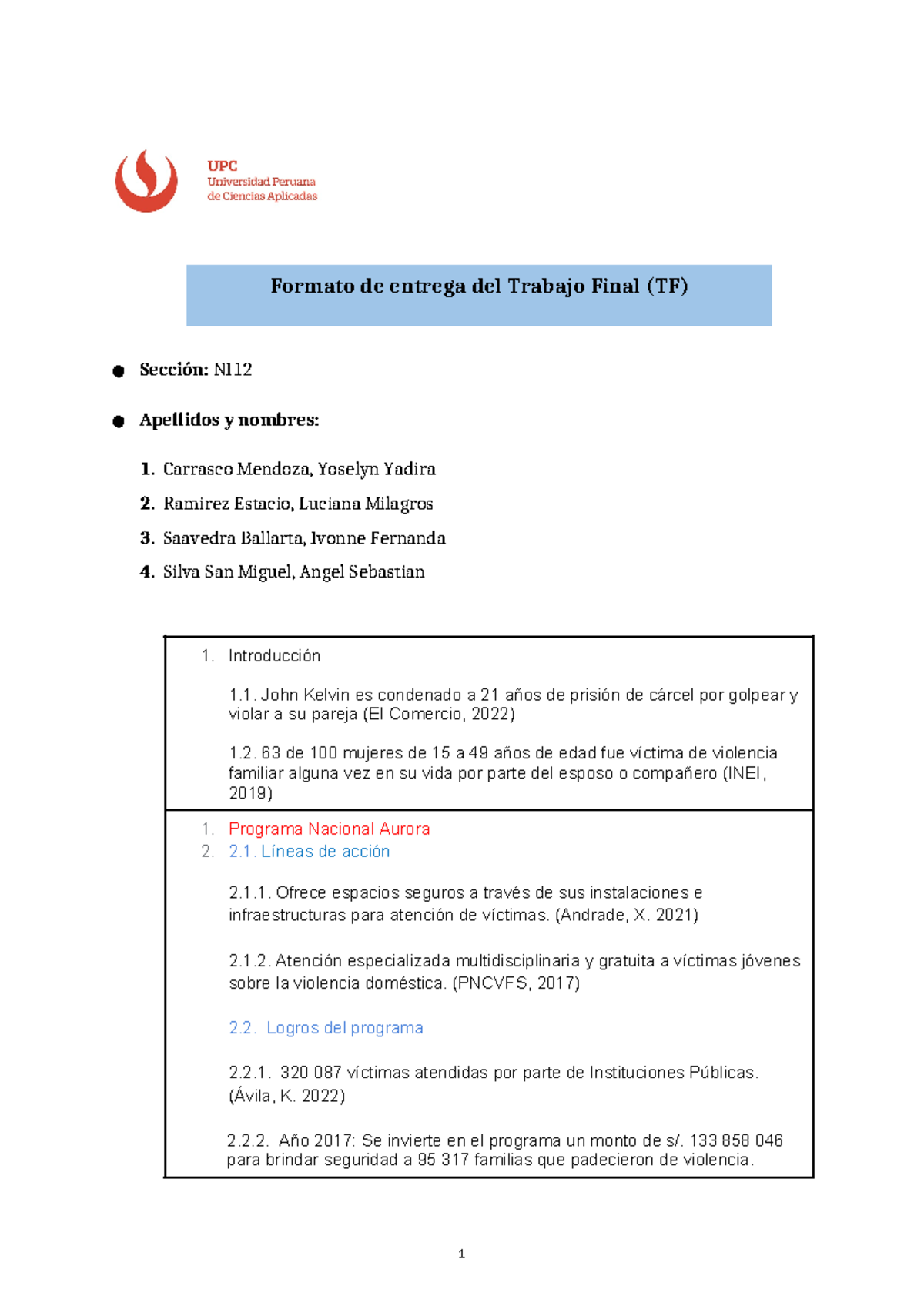 TF Grupo 5 HU625 - trabajo final cpl1 - Formato de entrega del Trabajo Final (TF) Sección: NI ...