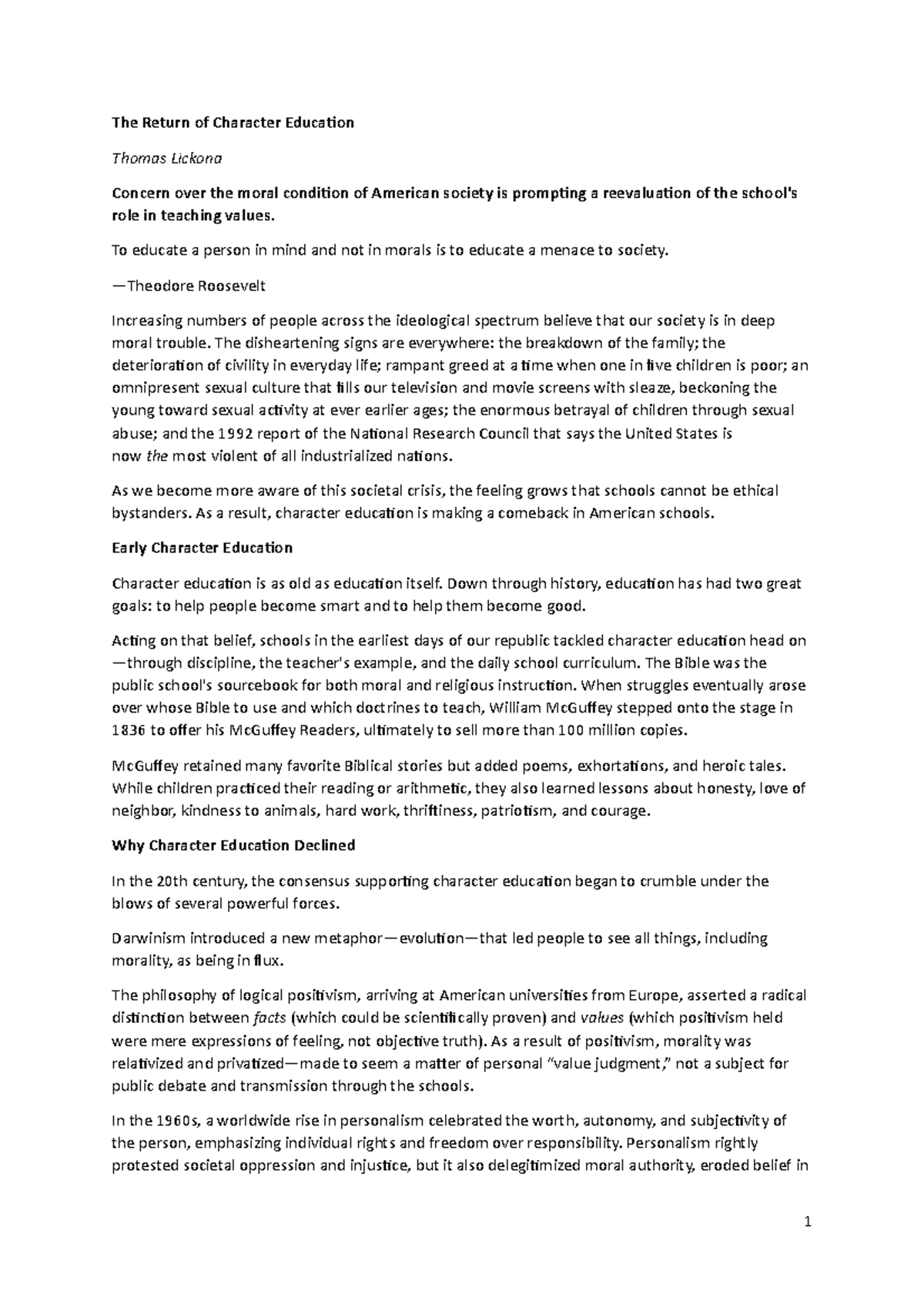 The Return of Character Education - To educate a person in mind and not ...