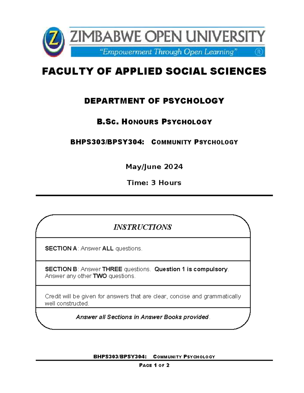 BHPS303 BPSY304 - End of year exam - FACULTY OF APPLIED SOCIAL SCIENCES ...