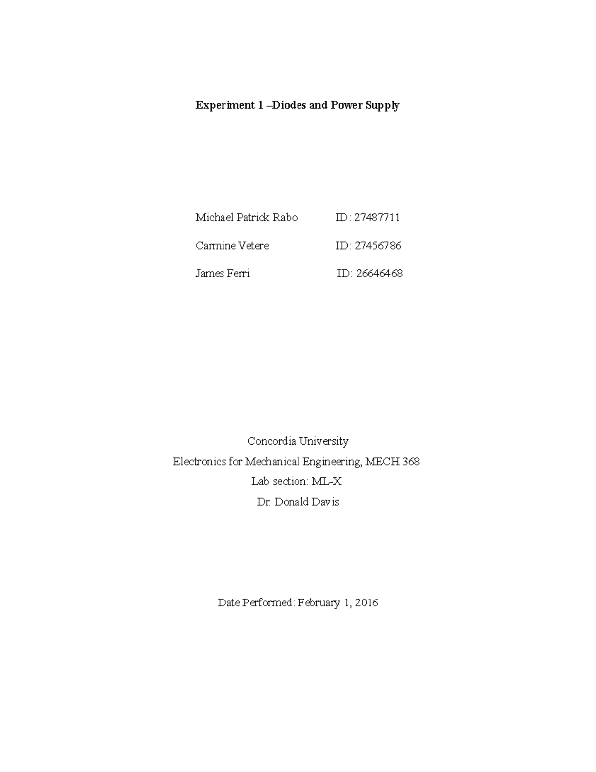 MECH 368 Experiment 2 - Experiment 1 –Diodes and Power Supply Michael ...