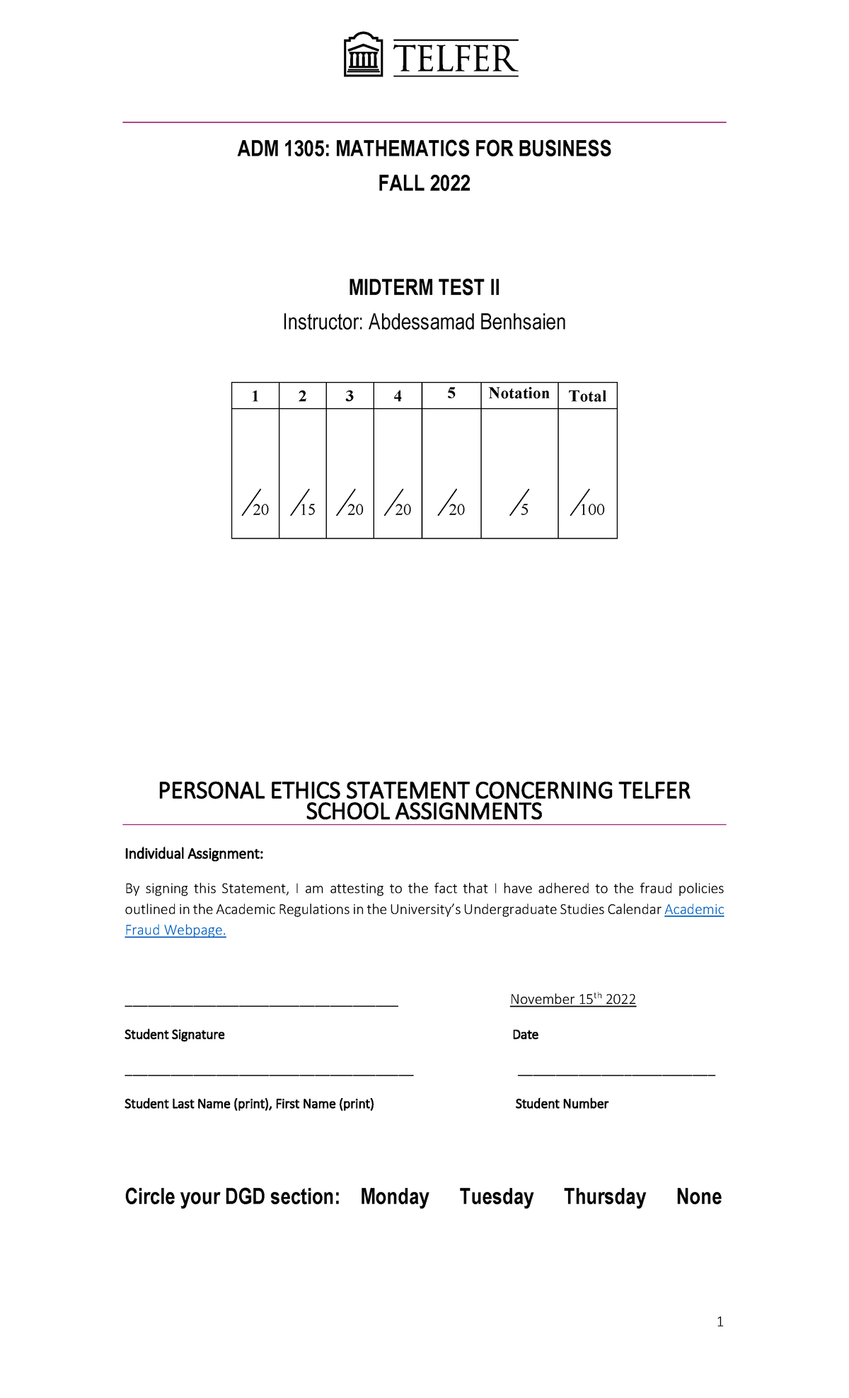 ADM1305 A Fall 2022 Midterm - ADM 1305: MATHEMATICS FOR BUSINESS FALL ...
