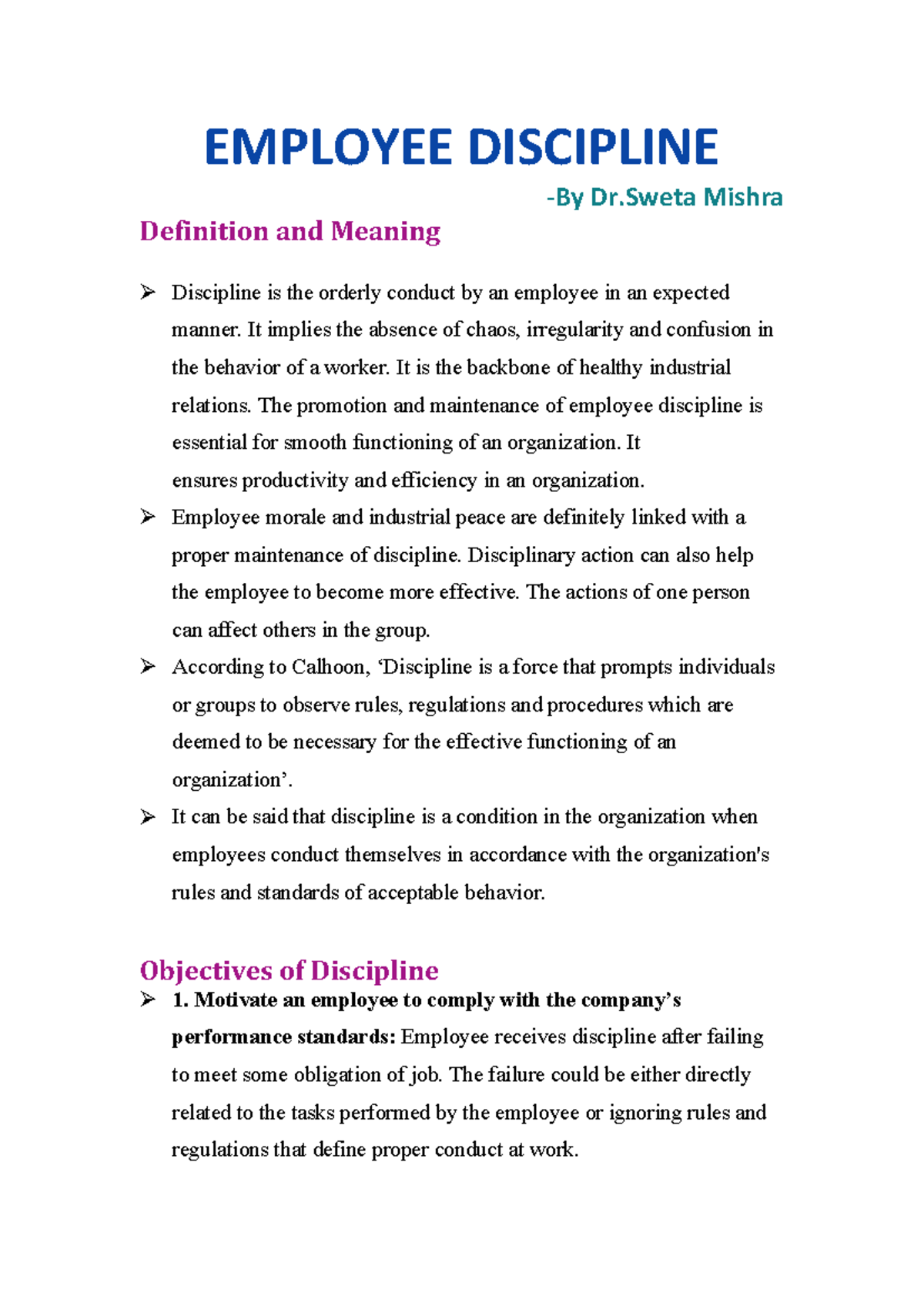 11. Employee Discipline - EMPLOYEE DISCIPLINE -By Dr Mishra Definition ...