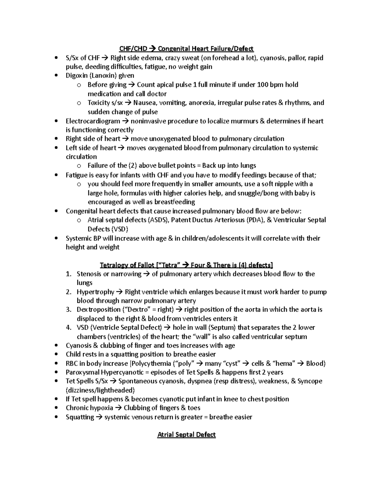 Exam 3 study guide - CHF/CHD Congenital Heart Failure/Defect S/Sx of ...