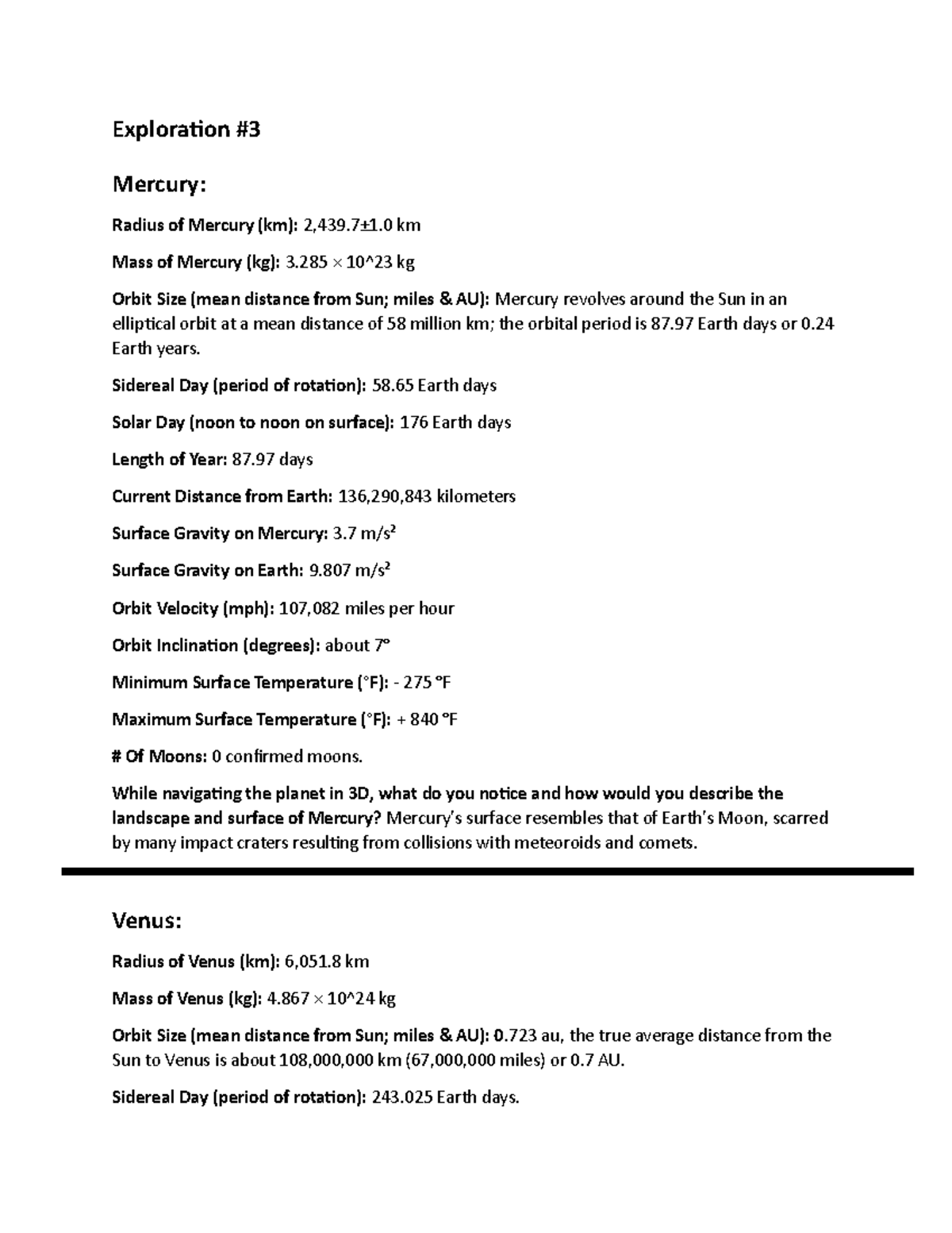 Exploration of Mercury Venus and Mars: Surface Characteristics - Studocu