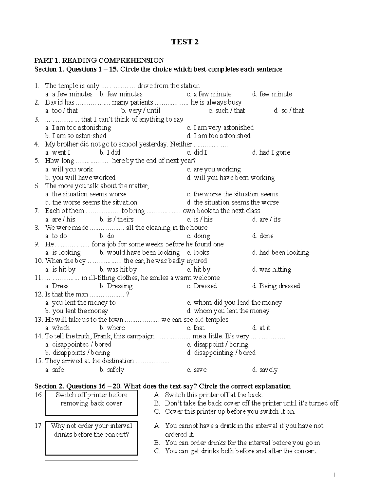 Test 2 - Hướng dẫn - TEST 2 PART 1. READING COMPREHENSION Section 1 ...