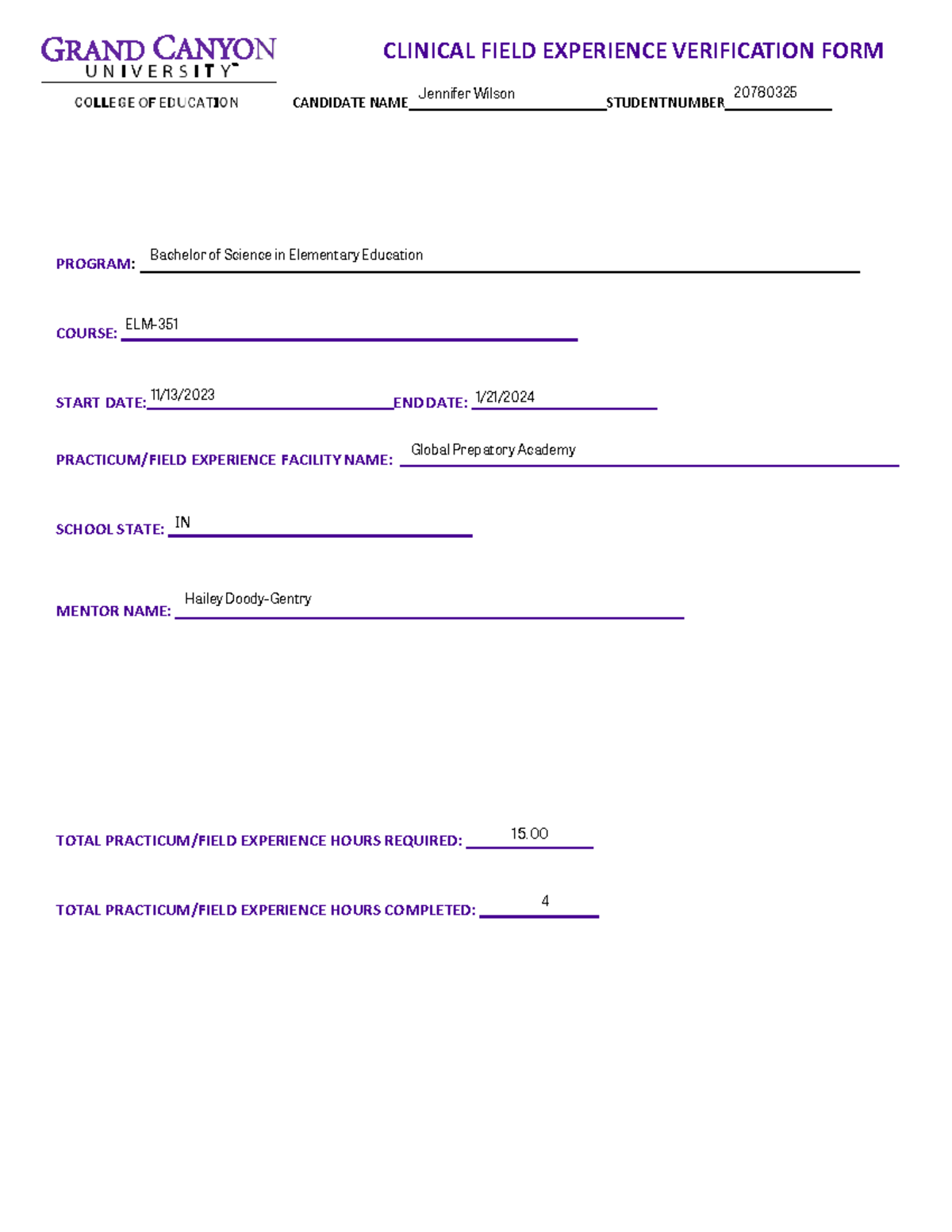 Clinical A - ####### CANDIDATE NAME STUDENT NUMBER PROGRAM: COURSE ...
