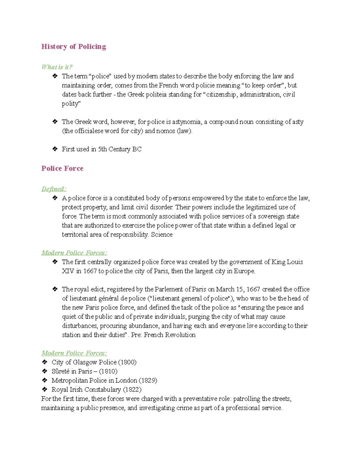 FSC100 midterm - Lecture notes 1-8 - History of Policing What is it ...