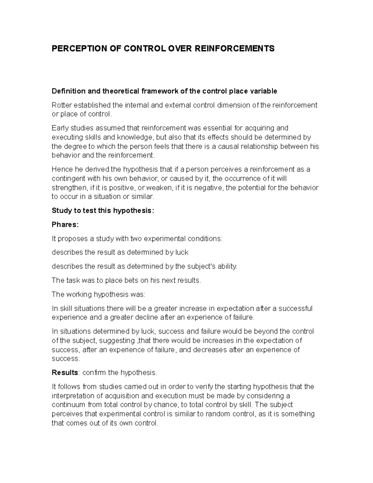 Perception of control over reinforcements - PERCEPTION OF CONTROL OVER ...