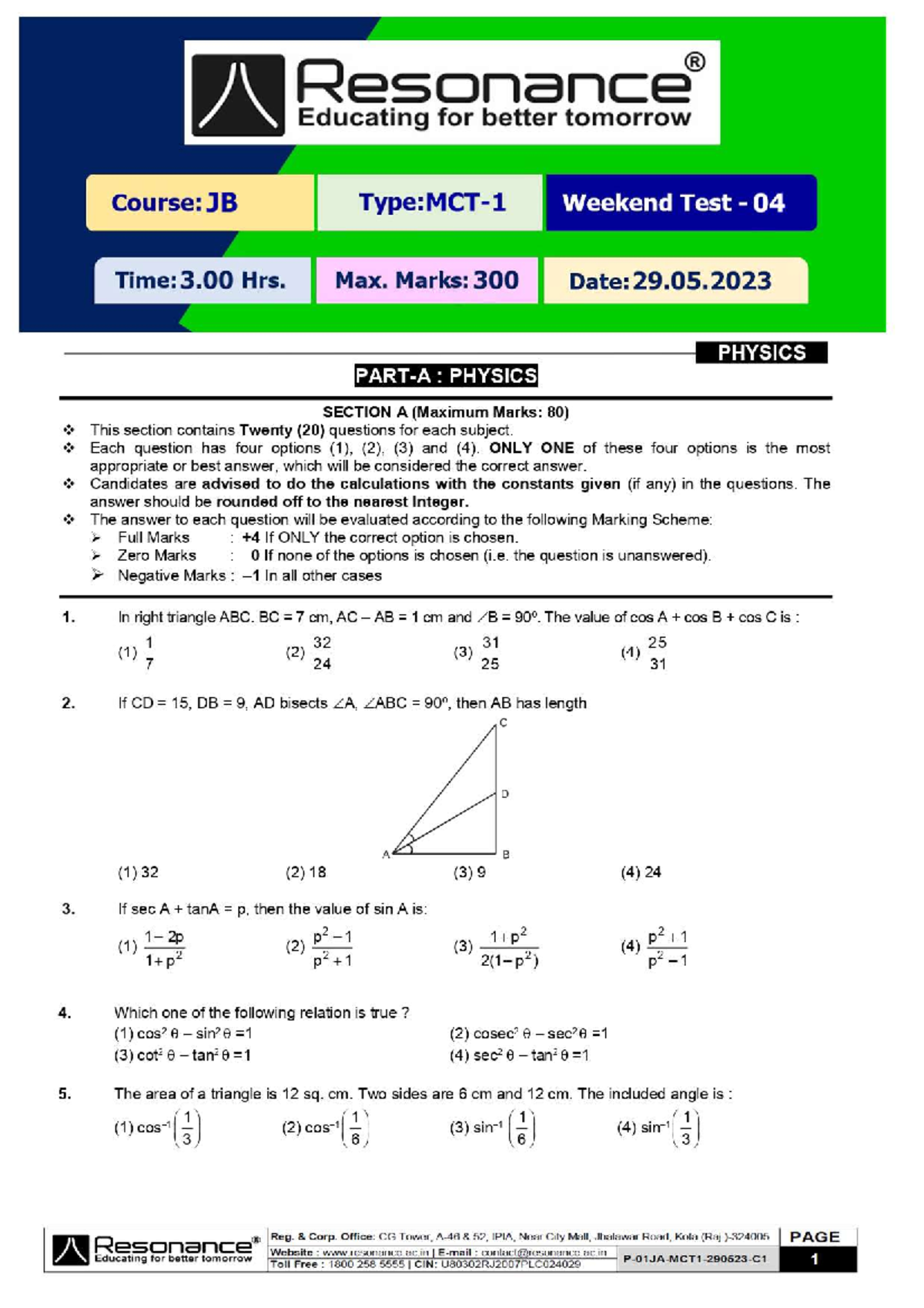 JB MCT-1 29 - Mct 1 jee mains - R Resonance Educating for better ...