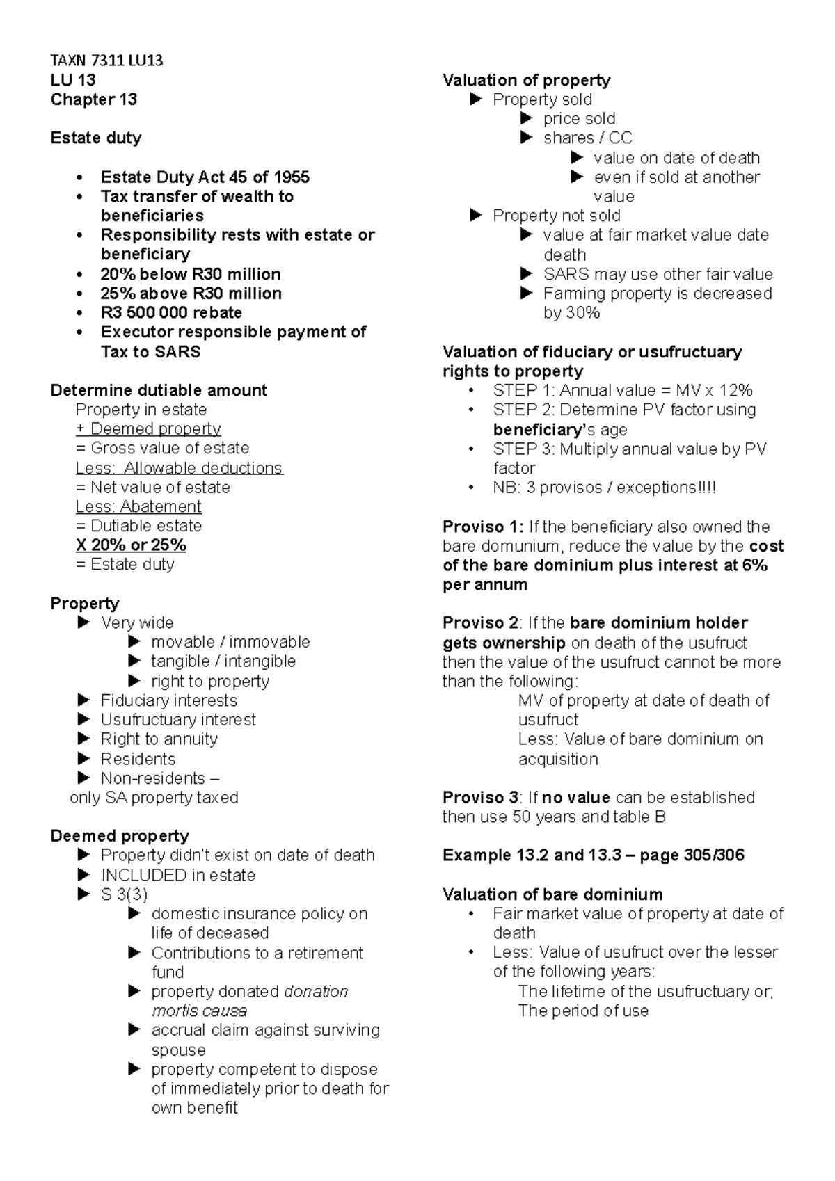 TAXN 7311 LU13 Notes - R Patel - TAXN 7311 LU LU 13 Chapter 13 Estate ...