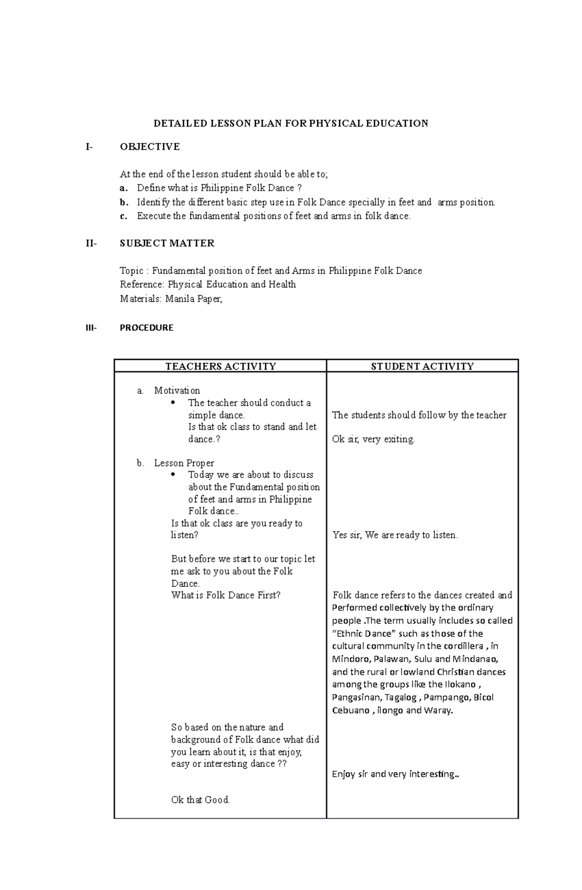 Detailed Lesson PLAN FOR Physical Educat - DETAILED LESSON PLAN FOR ...