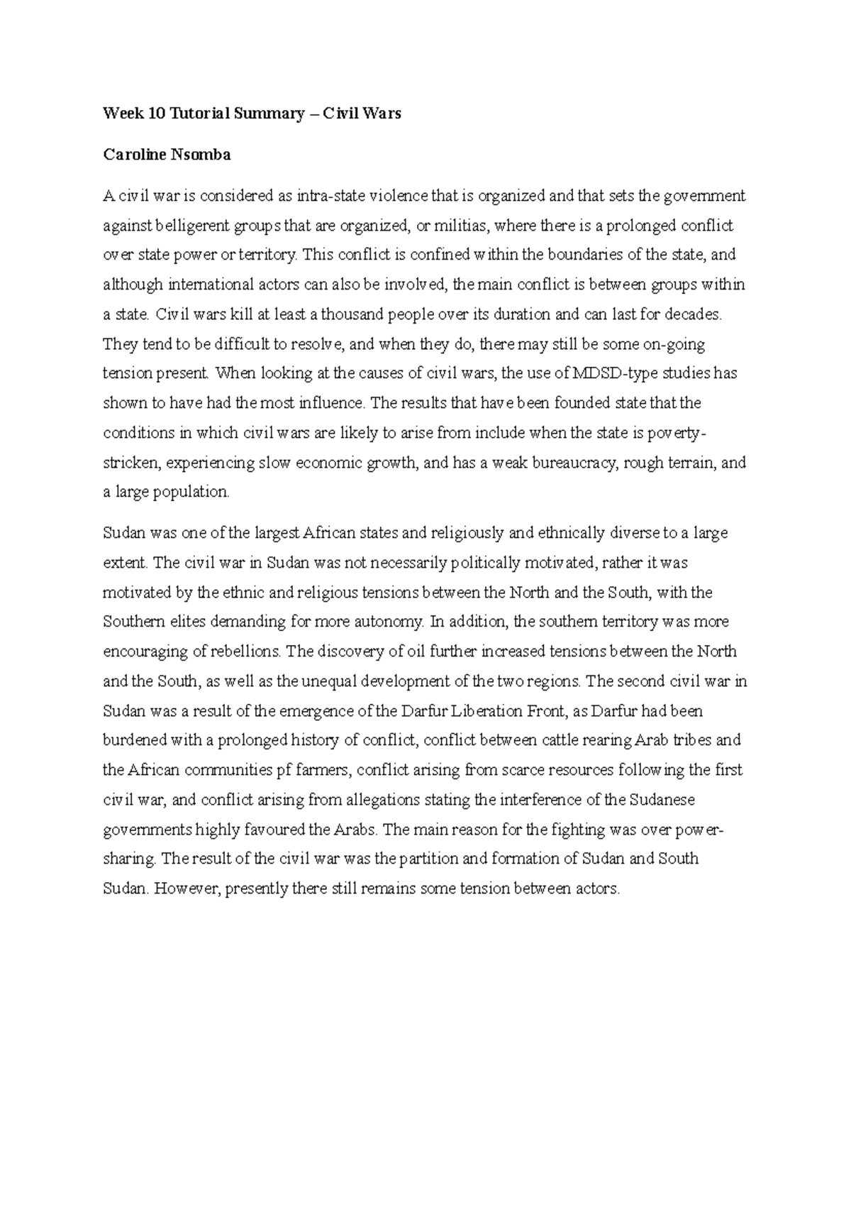 Week 10 Tutorial Summary - Week 10 Tutorial Summary – Civil Wars Caroline Nsomba A civil war is ...