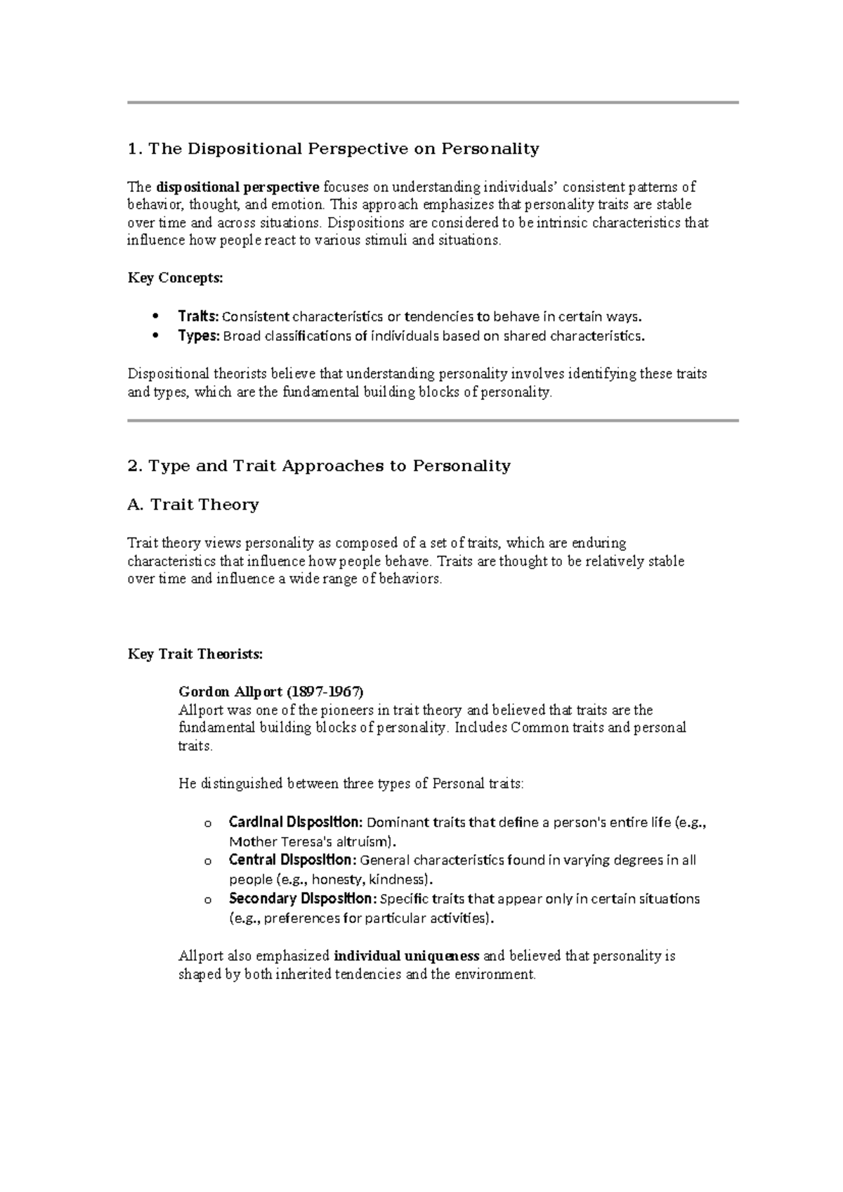 Personality MOD2 - 1. The Dispositional Perspective on Personality The ...
