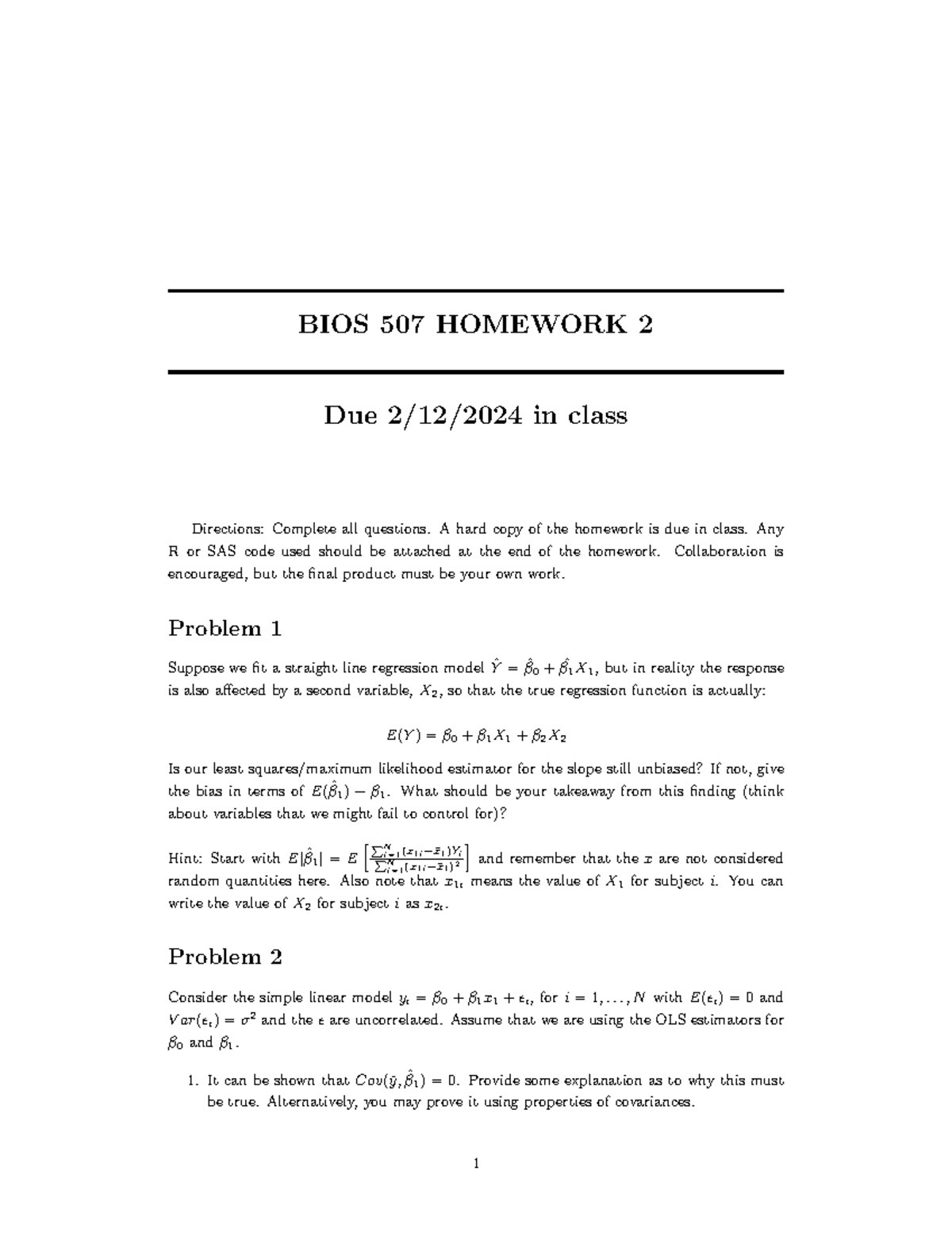 BIOS 507 Homework 2 - HW2 - BIOS 507 HOMEWORK 2 Due 2/12/2024 in class Directions: Complete all ...
