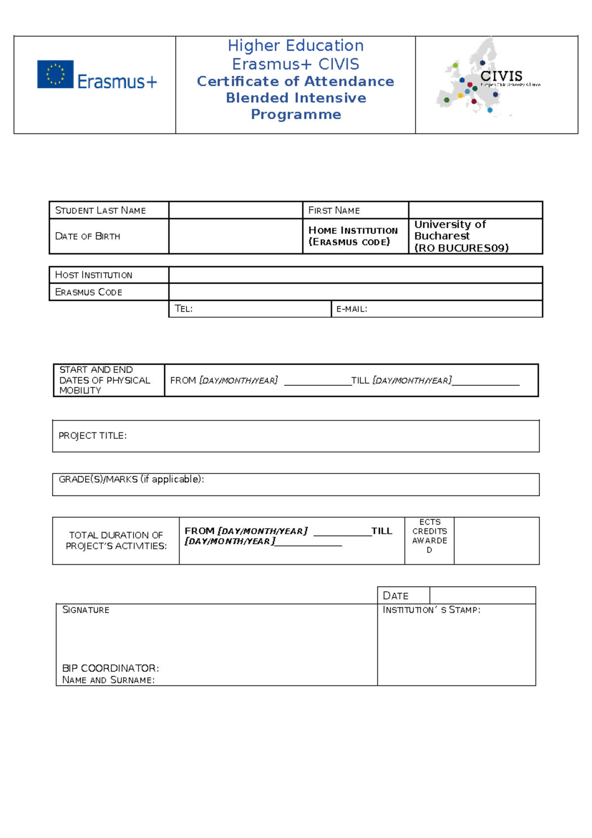 BIP - Civis - Attendance certificate - Higher Education Erasmus+ CIVIS ...