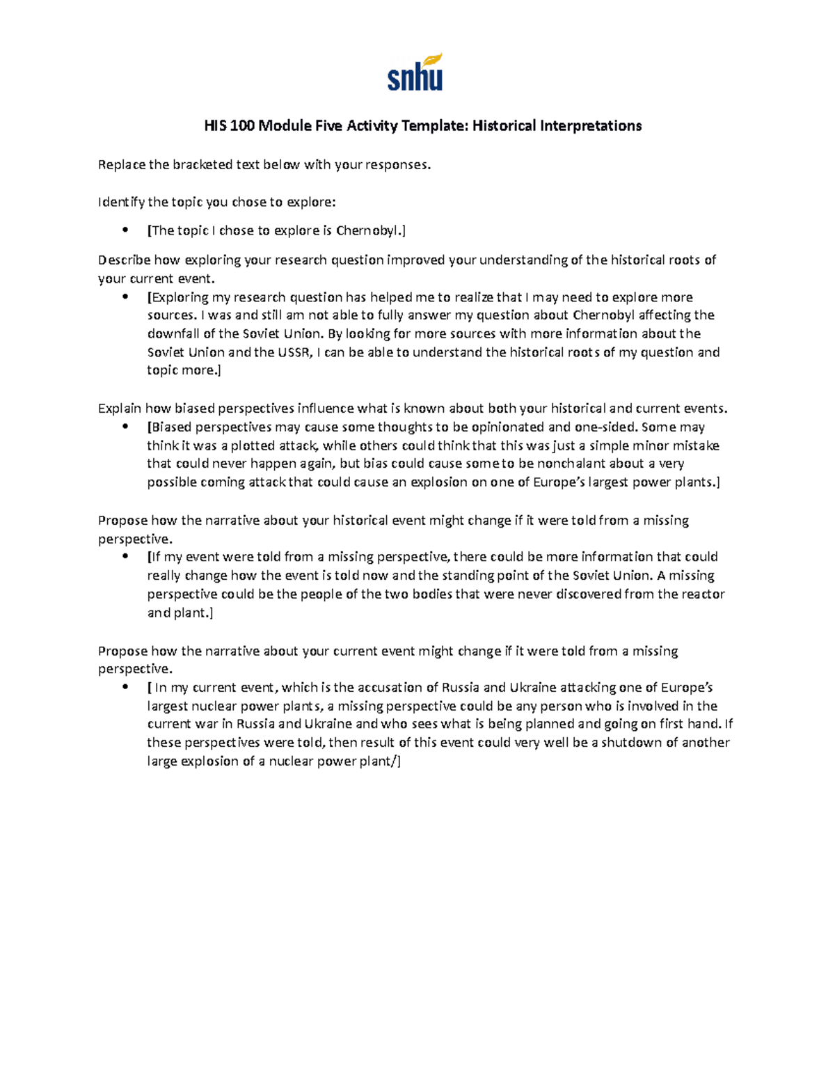 HIS 100 Module Five Activity Template - Identify the topic you chose to ...