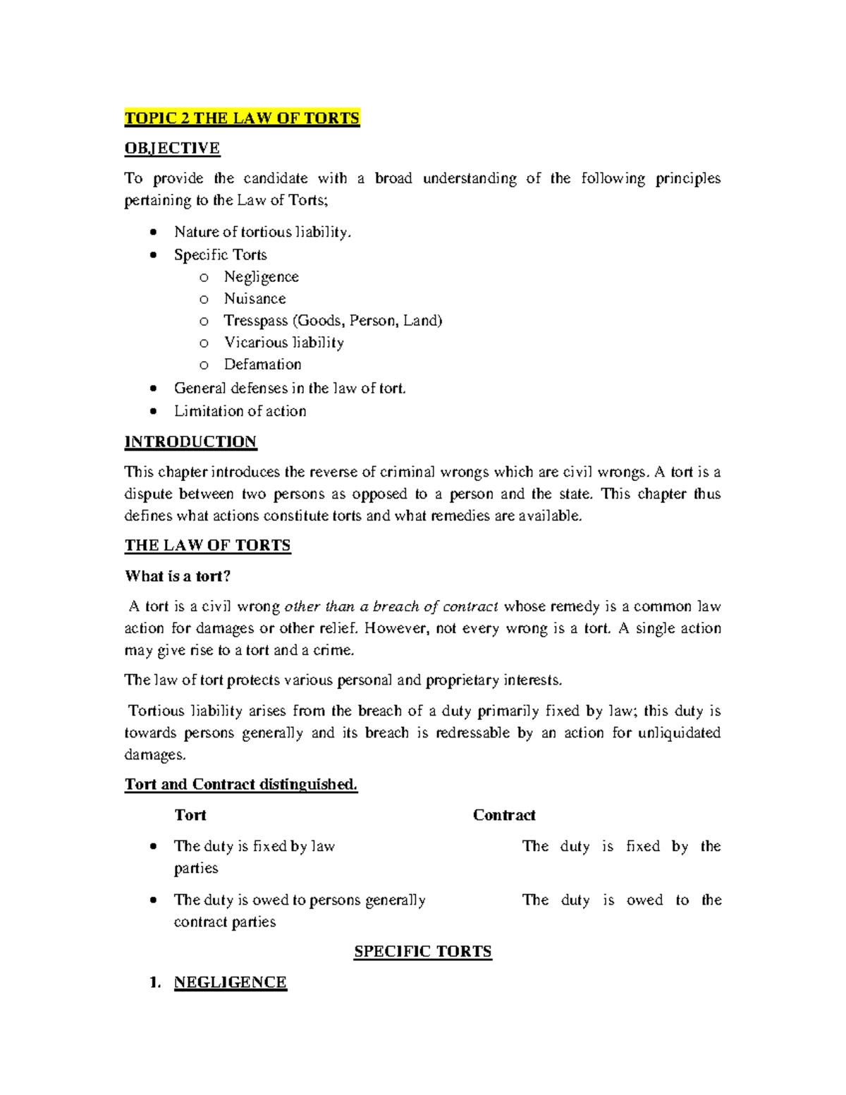 LAW OF Torts - notes - TOPIC 2 THE LAW OF TORTS OBJECTIVE To provide ...