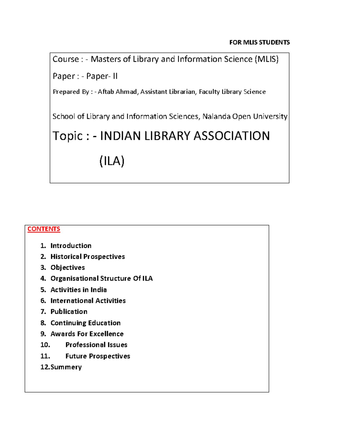 Indian Library Association FOR MLIS Student (1)ILA - Course : - Masters ...