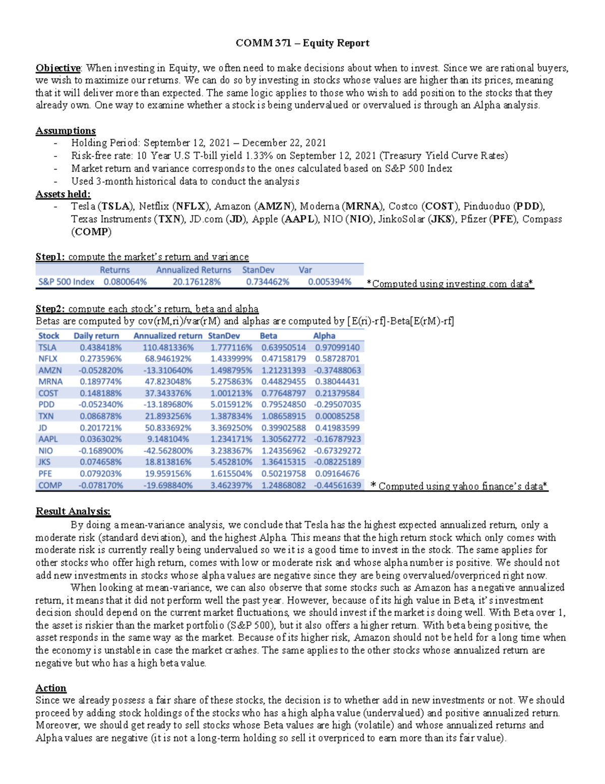 Equity report exercise 1 - COMM 371 – Equity Report Objective : When ...