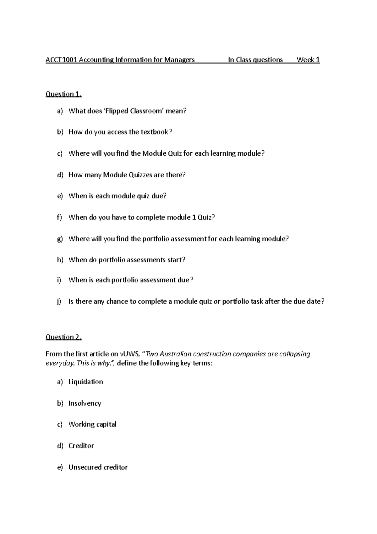 ACCT1001 In Class questions Week 1 - ACCT1001 Accounting Information for Managers In Class ...