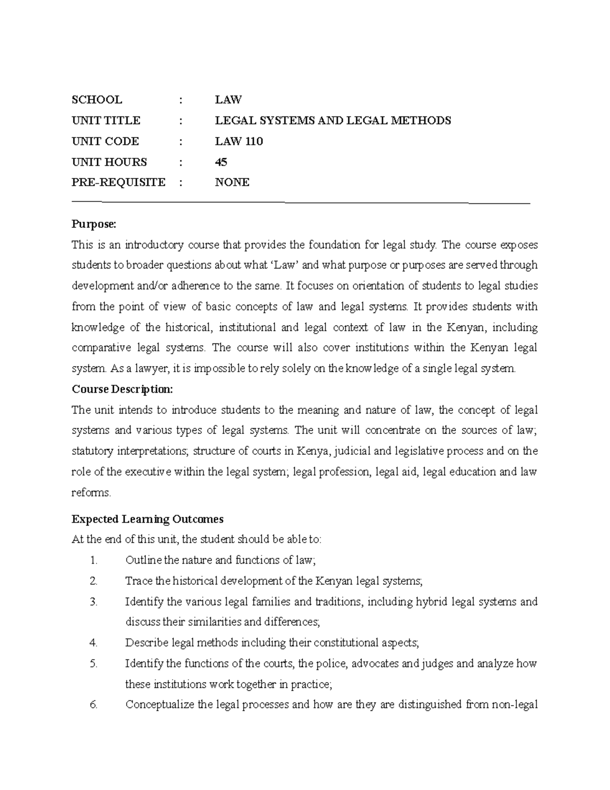 LAW 110 - Legal Systems AND Legal Methdos Course Outline - SCHOOL : LAW ...