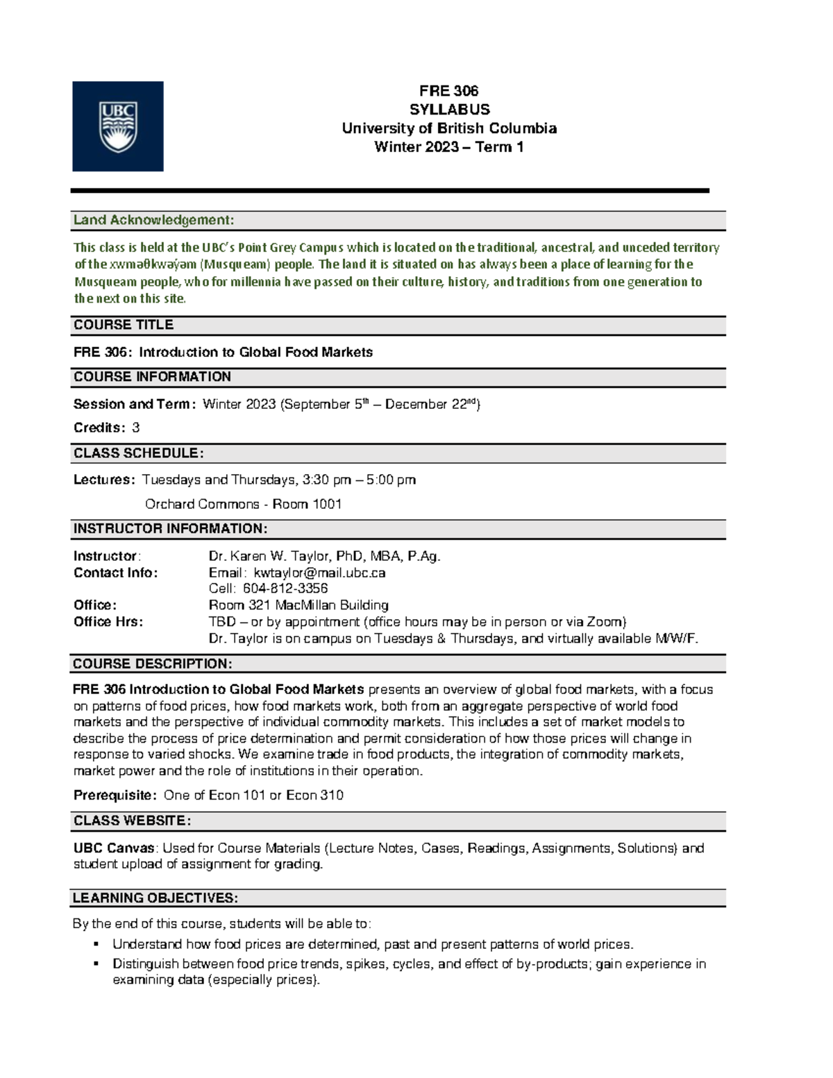 FRE 306 Syllabus W2023 - introduction - FRE 306 SYLLABUS University of ...