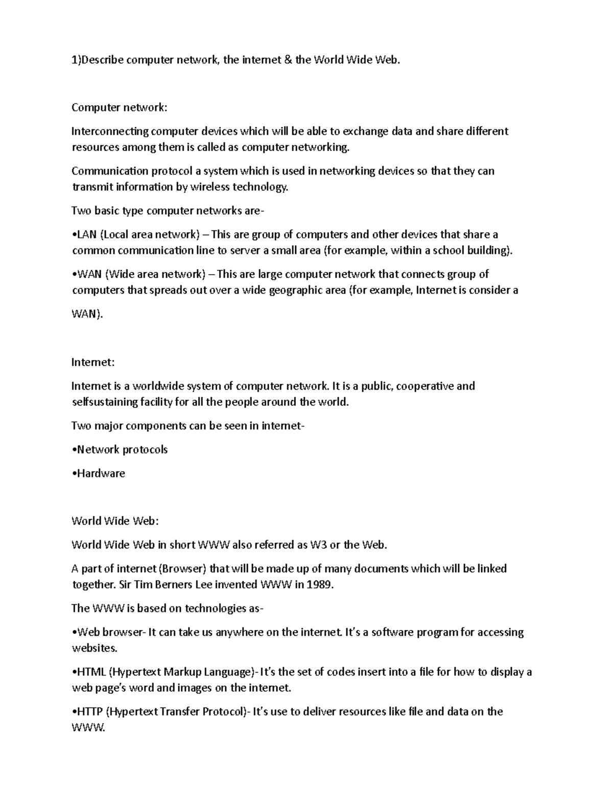 Assignment (Networks) - 1)Describe computer network, the internet & the ...
