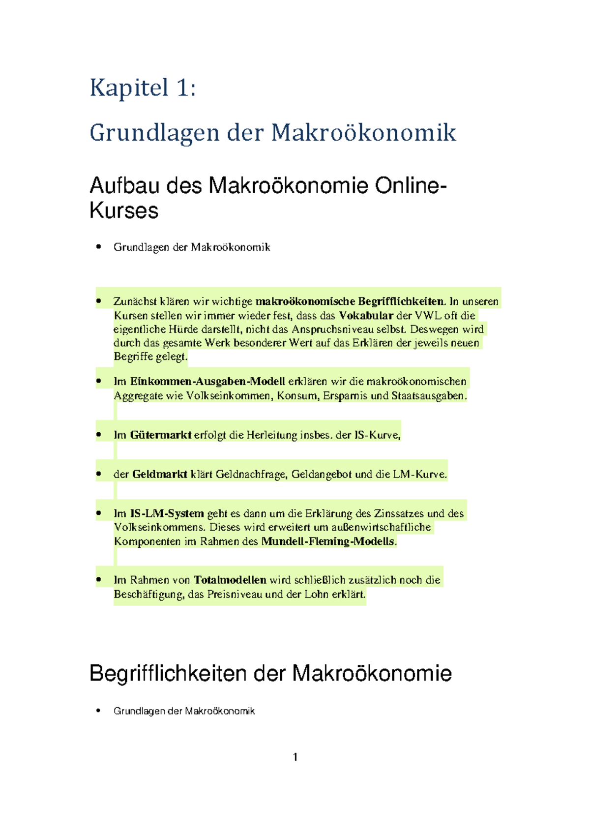 Kurs Kapitel 1 Grundlagen - Kapitel 1: Grundlagen der Makroökonomik ...