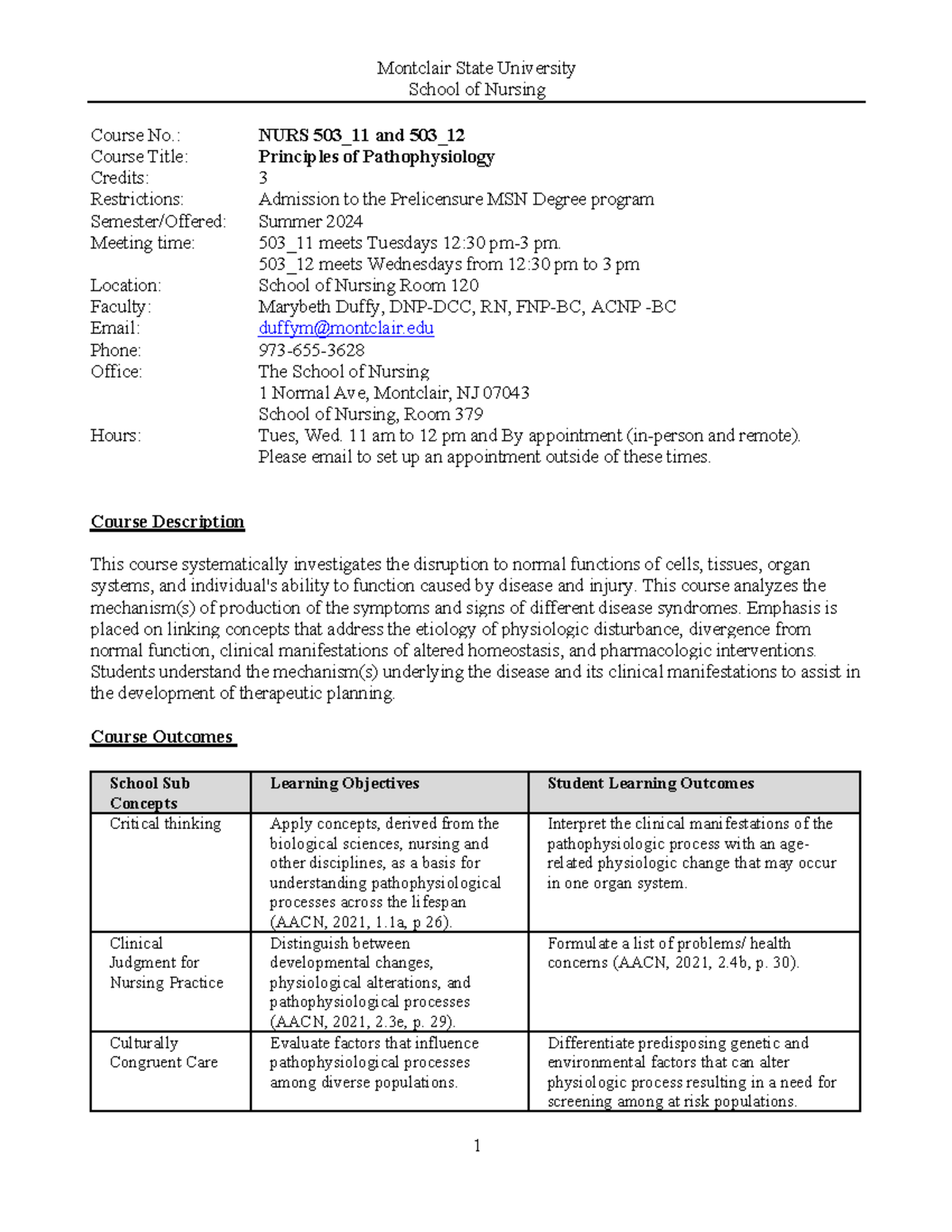 NURS503- Pathophysiology Syllabus - School of Nursing Course No.: NURS ...