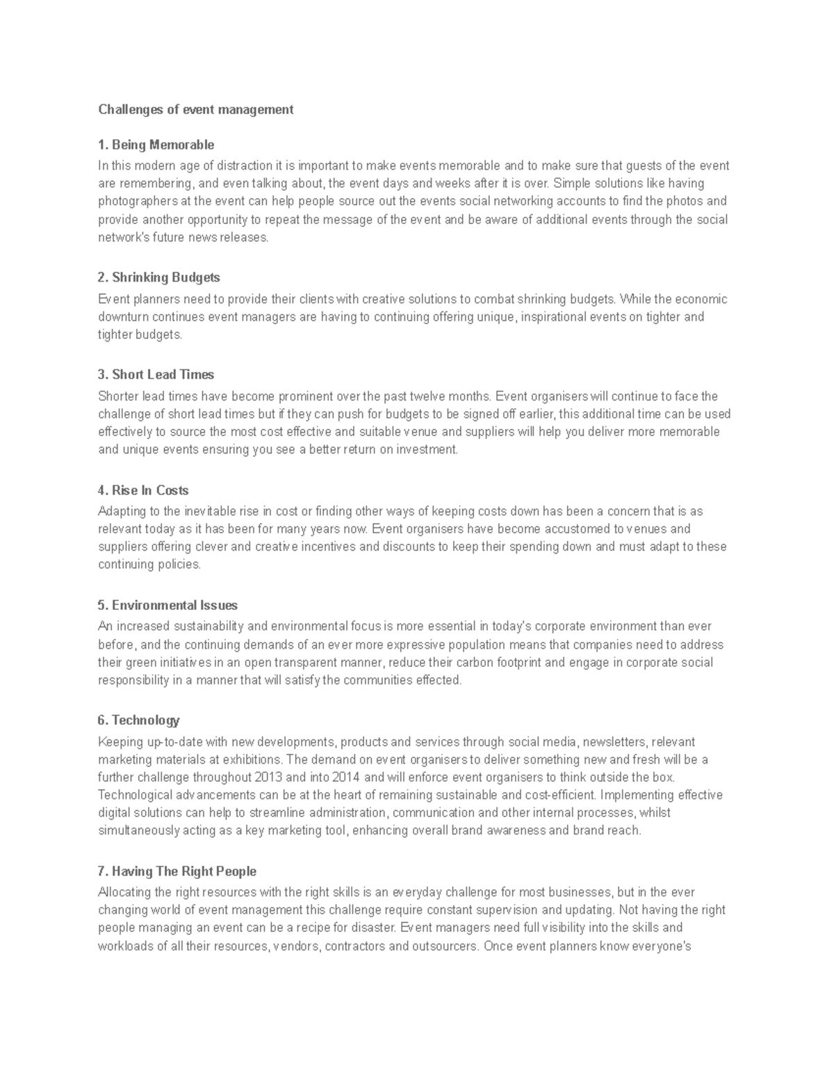 Challenges of event management notes - Challenges of event management 1 ...