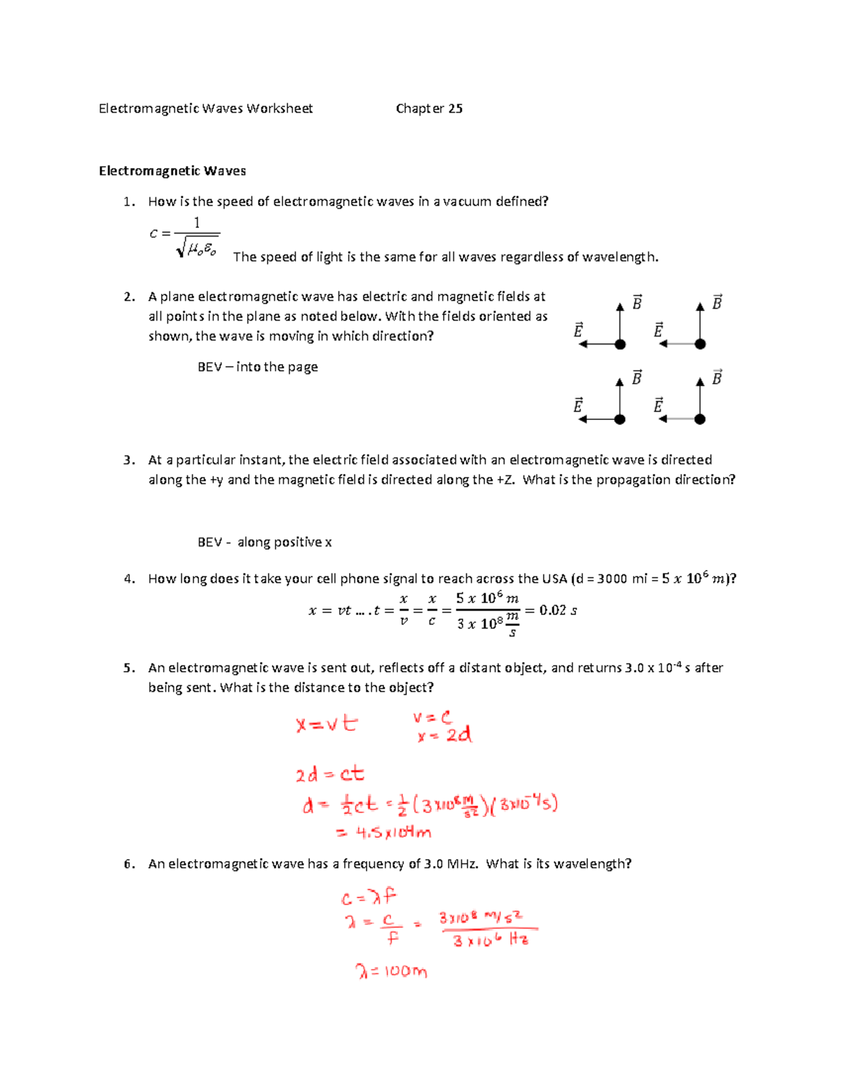 Electromagnetic Waves Worksheet Solutions Chapter 25-2 ...