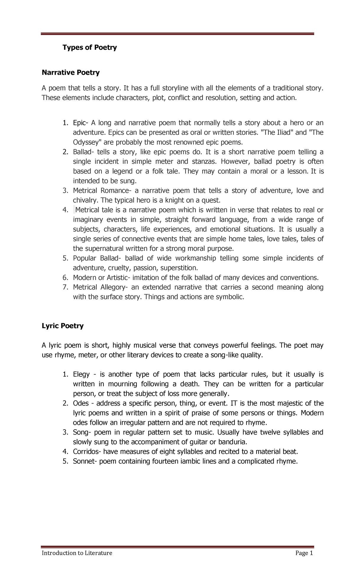 Lesson 2 Types Of Poetry Introduction To Literature Page 1 Types Of