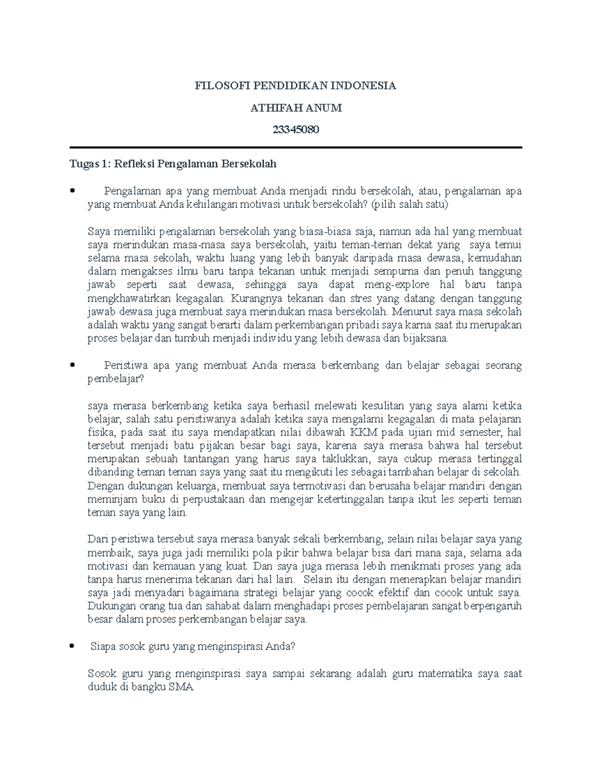 Tugas 1.1 Filosofi pendidikan - FILOSOFI PENDIDIKAN INDONESIA ATHIFAH ANUM 23345080 Tugas 1 ...