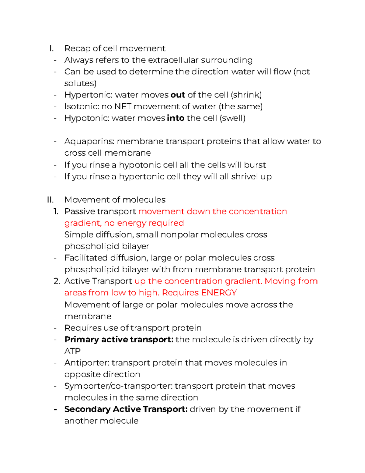 Oct - Professor Deimeke Notes - I. Recap of cell movement - Always ...