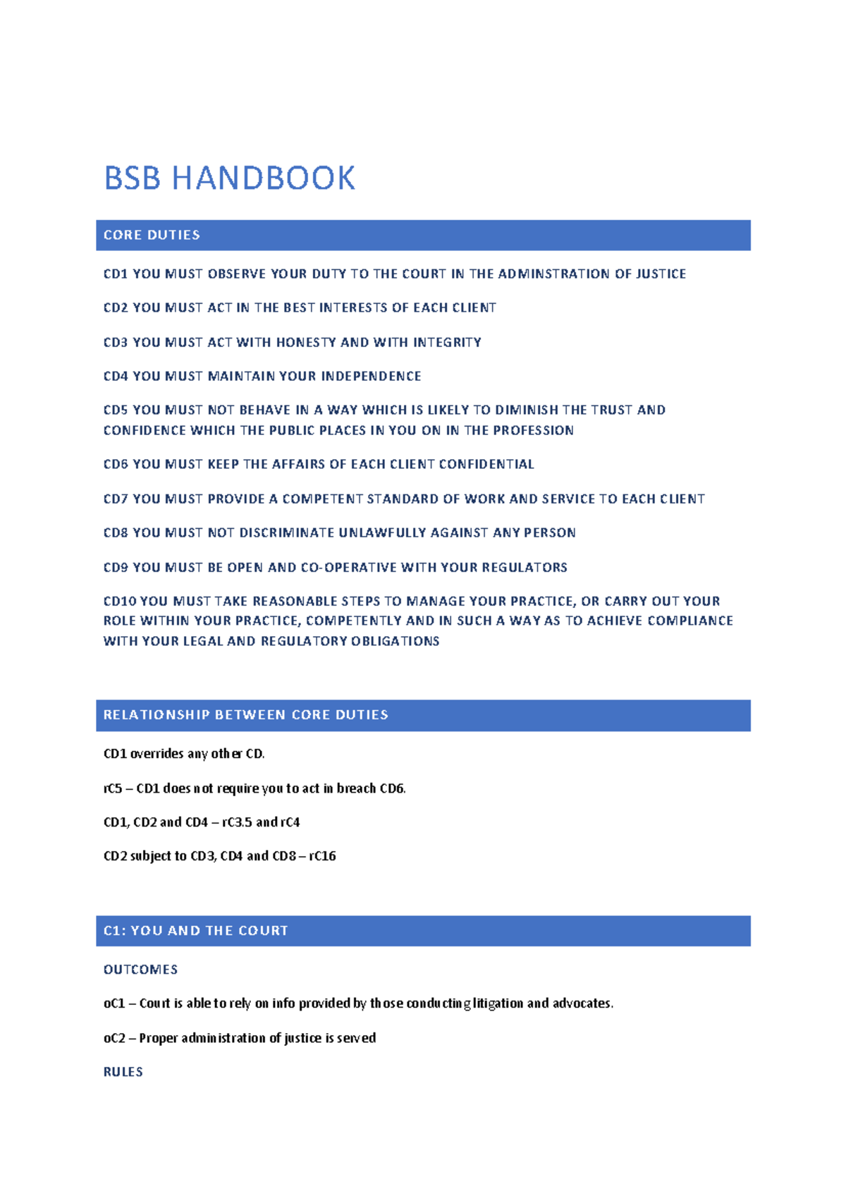Notes for BSB Handbook - BSB HANDBOOK CORE DUTIES CD1 YOU MUST OBSERVE ...