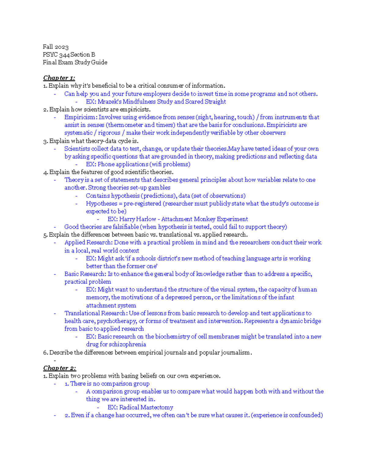 Final Exam Review PSYC 344 - Fall 2023 PSYC 344 Section B Final Exam Study Guide Chapter 1 ...