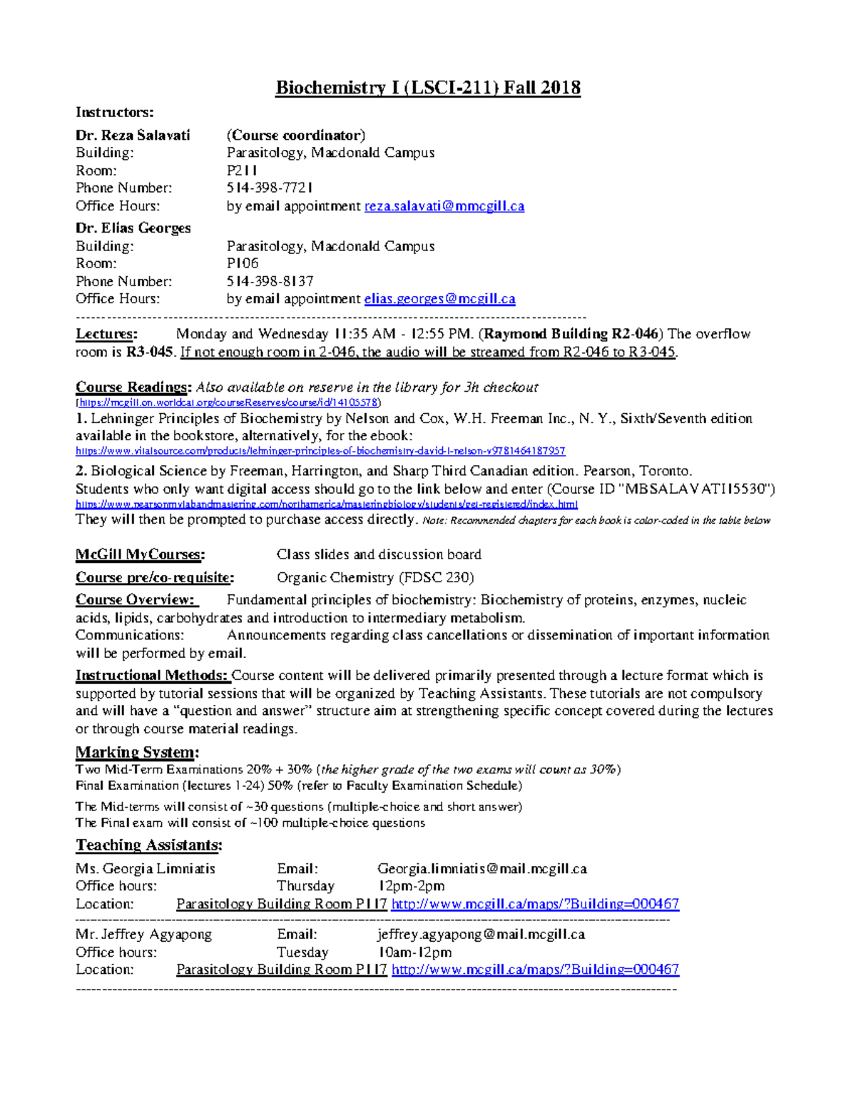 LSCI 211 Biochemistry I Syllabus Fall 2018 - Biochemistry I (LSCI -211 ...